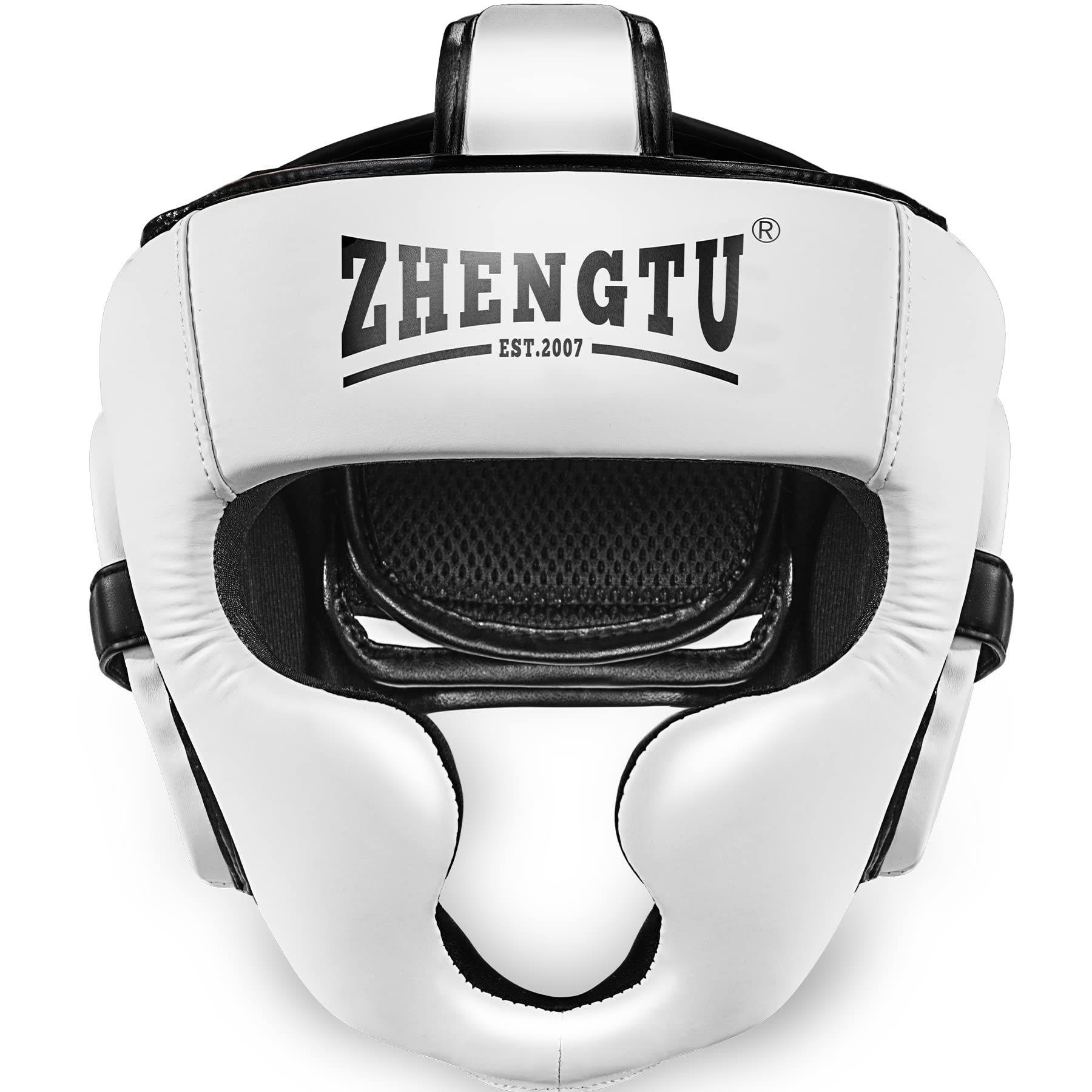 ZHENGTU Boxing Headgear MMA Kickboxing Head Guard Martial Arts PU Leather (White, L)