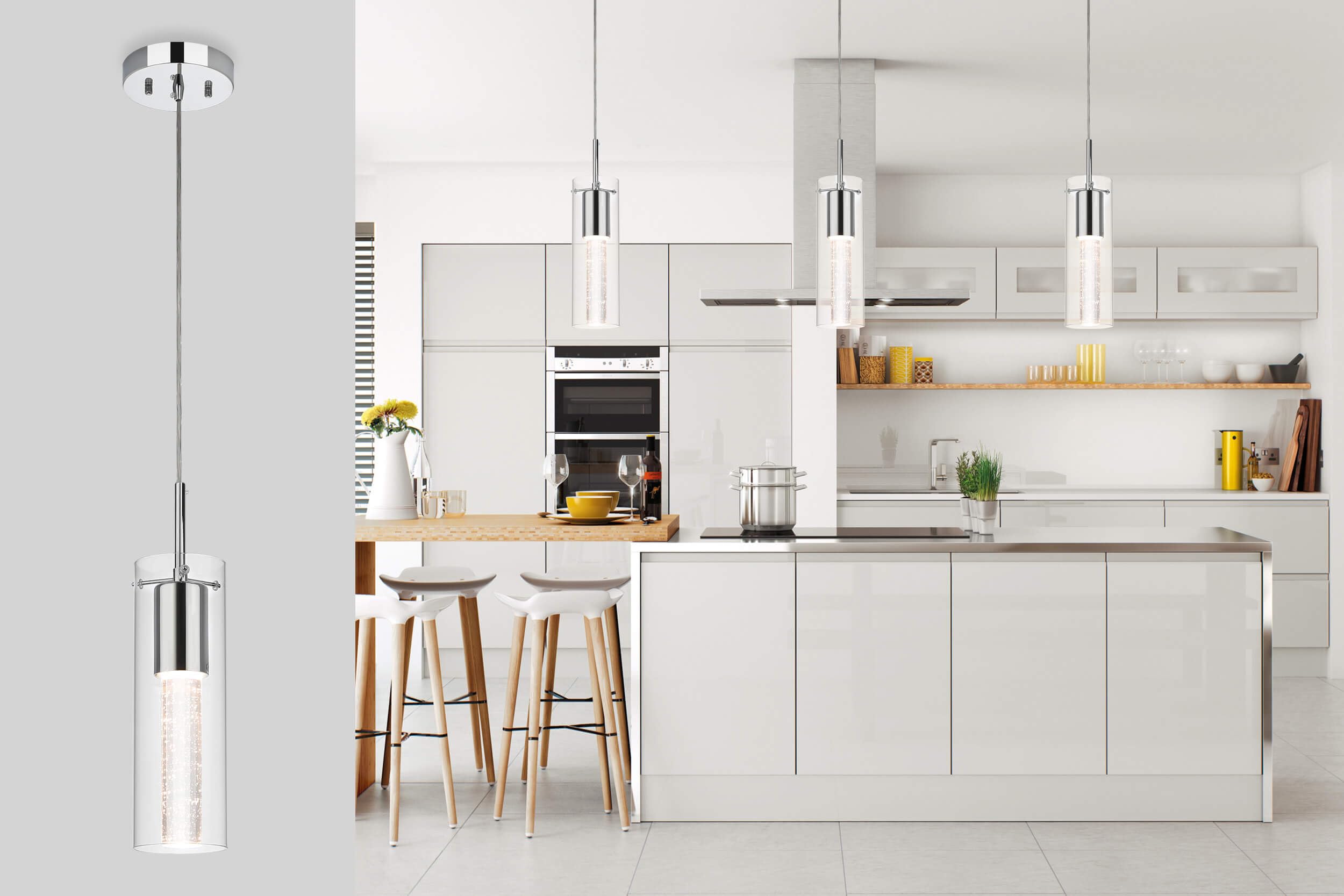 XiNBEi Lighting Pendant Lighting 1 Light Mini Pendant Lights with Glass and Bubble Crystal, Modern Chrome Hanging Pendant Light with LED Bulb for Kitchen & Dining Room XB-P1110-CH