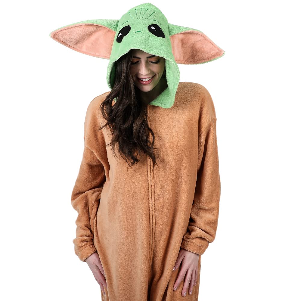 Star Wars The Mandalorian Baby Grogu Hooded Kigurumi Union Suit Pajama Onesie with Ears-Medium Brown