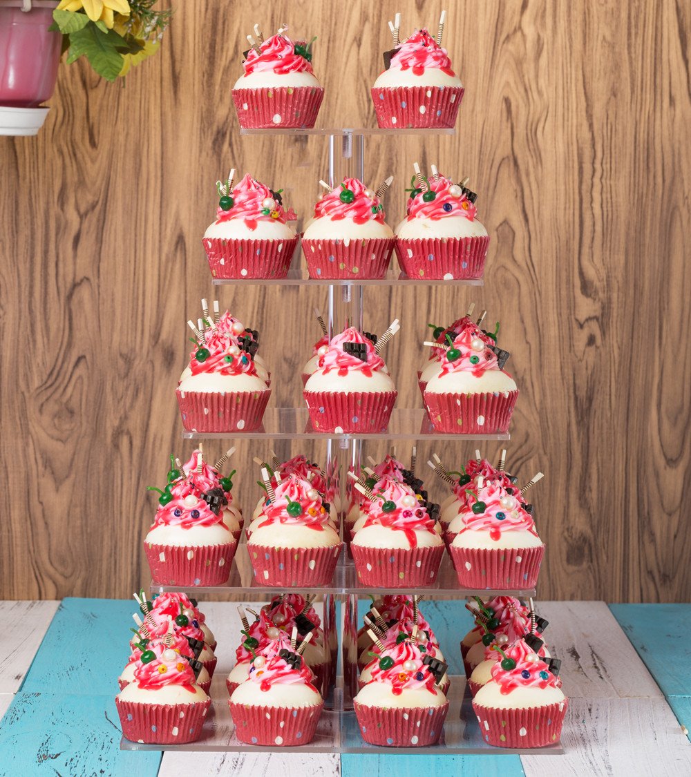 YestBuy 5 Tier Square Acrylic Cupcake Tree Tower Display Stand Display for Pastry Wedding Birthday Party (4" between 2 layers)