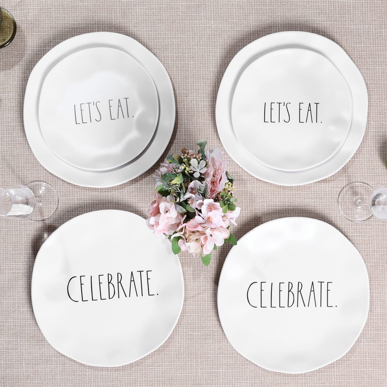 Yummost Melamine Dinnerware Sets, Plates and Bowls Set for 4, Perfect for Indoor and Outdoor Dining Party, Dishwasher Safe, LET'S EAT Word Print