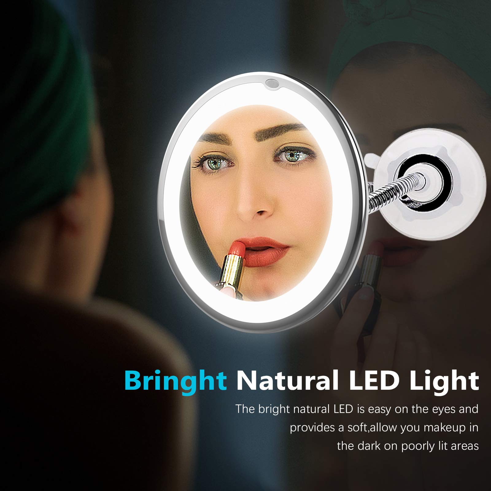 Ursulan 5X Magnifying Makeup Mirror Adjustable Flexible Gooseneck LED Light Bathroom Vanity Mirror with Glue Pad Suction Cup 360 Degree Swivel Perfect for Wall Mounted