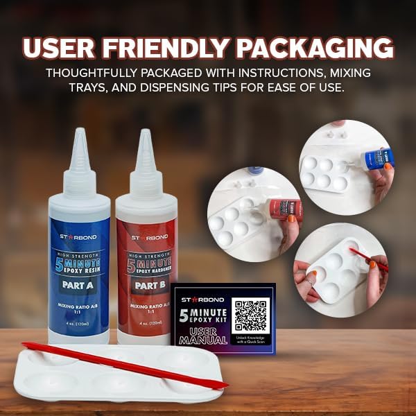 Starbond 5 Minute Epoxy Adhesive - Super Tough and Durable - 1900 lb Lap Shear Strength, 1:1 Ratio Instant Mix β Fast Set, Quick Cure, Compatible with Wood, Metal, Glass, Ceramic, Fabric, 8 oz