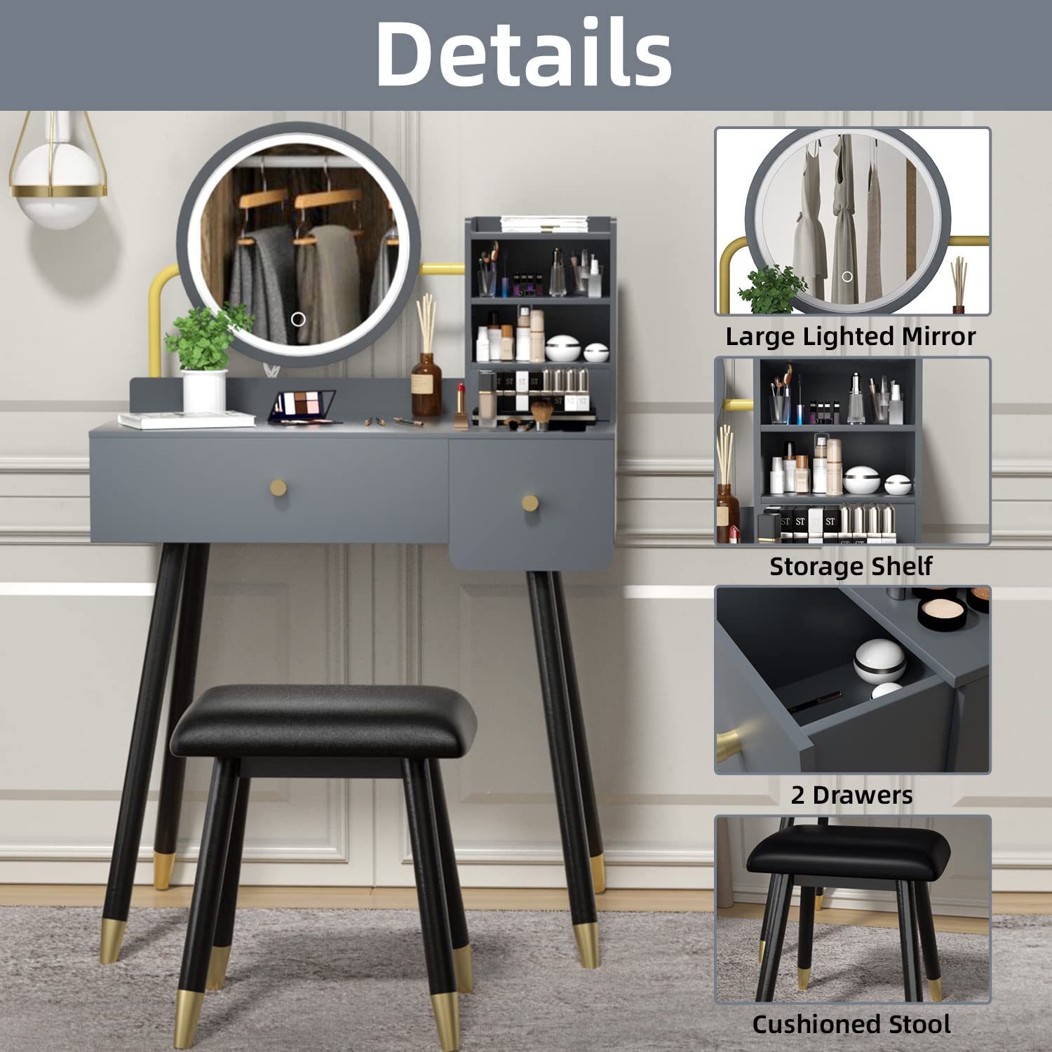 Visiblesser Vanity Desk with Mirror and Lights, 3 Color Lighting Modes Makeup Table Desk with Drawers, Make Up Vanity Table with Touch Screen Dimming Mirror, Vanity Set for Girls and Women