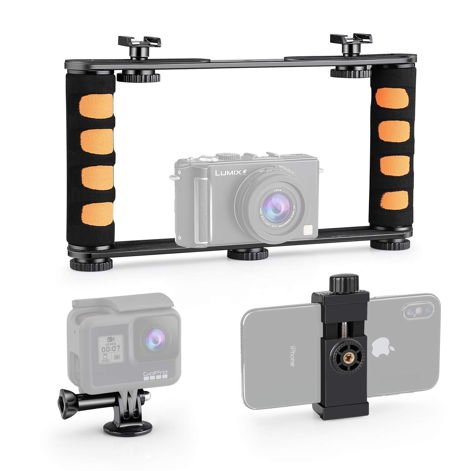 Zeadio Metal Adjustable Video Rig, Handle Grip Stabilizer, Fits for All iPhone and Android Smartphones Action Camera Compact Camera