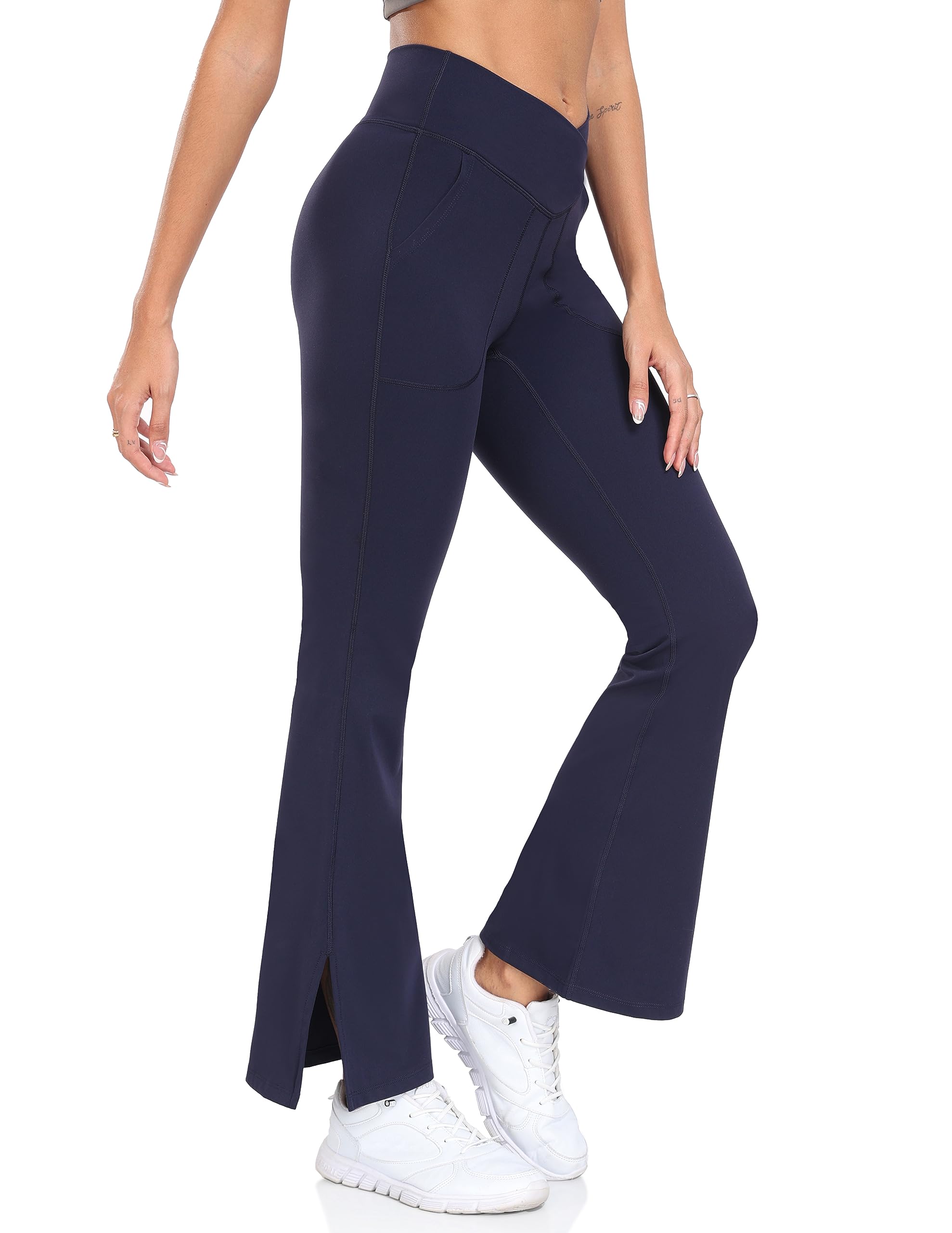 YUNOGA Women's Flare Leggings with Pockets, Crossover High Waist Buttery Soft Bootcut Yoga Pants, Split-Hem Bell Bottom Pants (L, Navy)