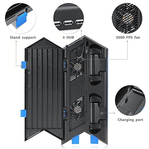 TNP Stand + Controller Charger + Cooling Fan + USB Hub + Game Storage Holder - Vertical Dock Charging Station for DualShock Controller, External Cooler, 4-in-1 Accessories (Black) [Playstation 4]