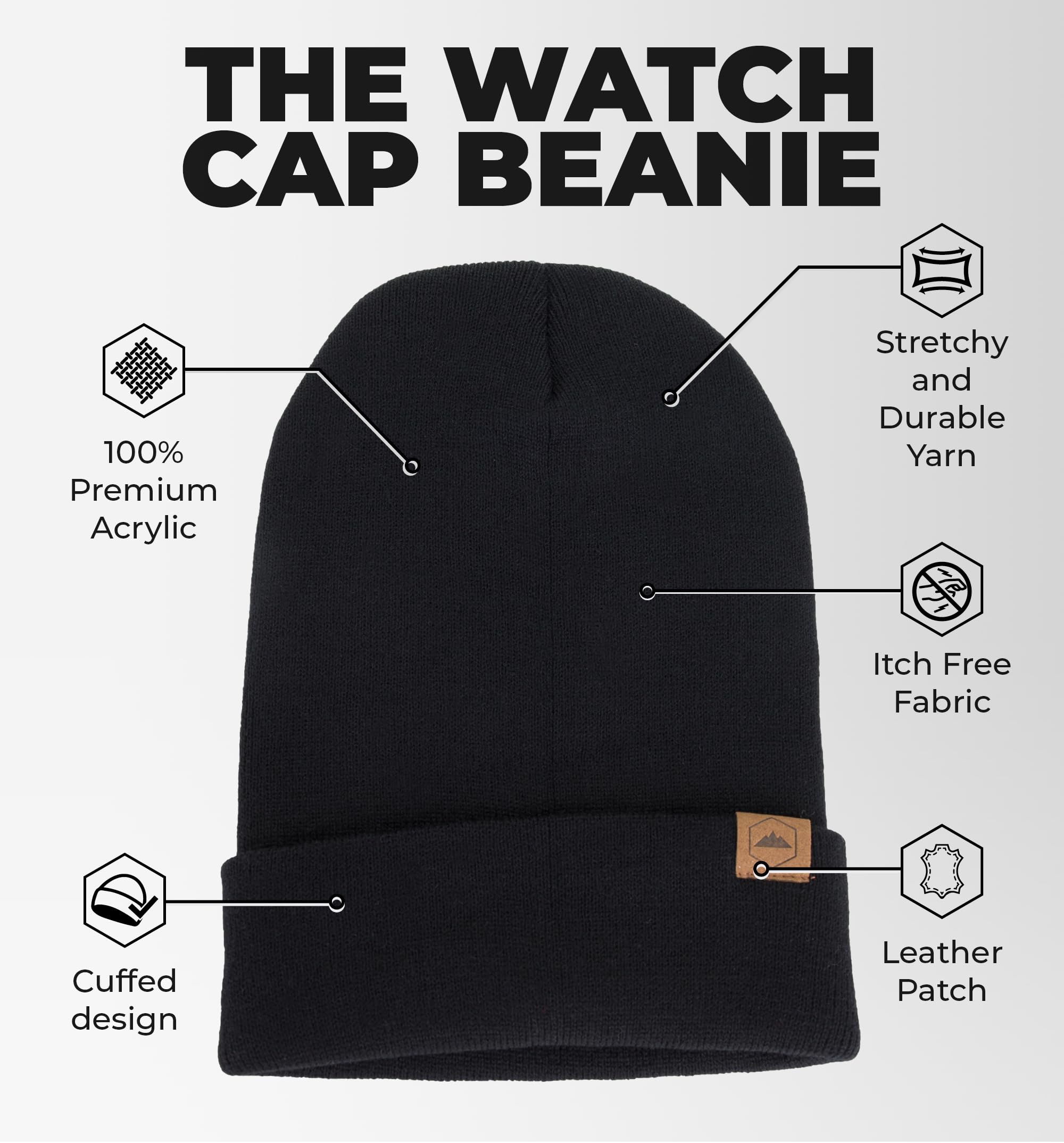 Tough Headwear Cuffed Beanie Hats for Men - Winter Beanies for Women - Toboggan Hat - Mens Winter Knit Hat - Stocking Cap Black