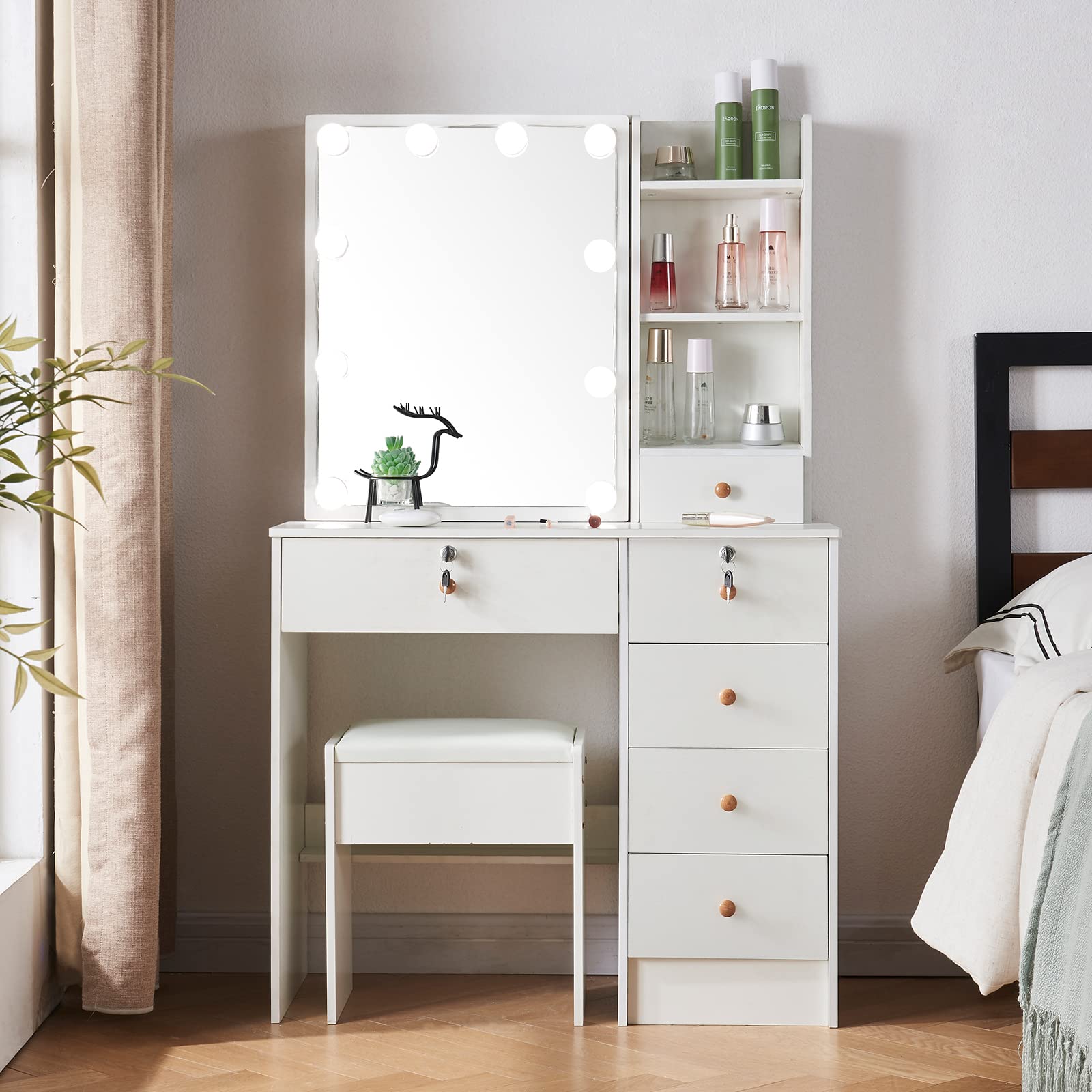 YAMISSI Premium Vanity Makeup Desk Set Girls Dressing Table with Sliding Mirror, 6 Storage Drawers and 6 Shelves, 3 Color Light Settings, Makeup Vanity Set for Bedroom. White