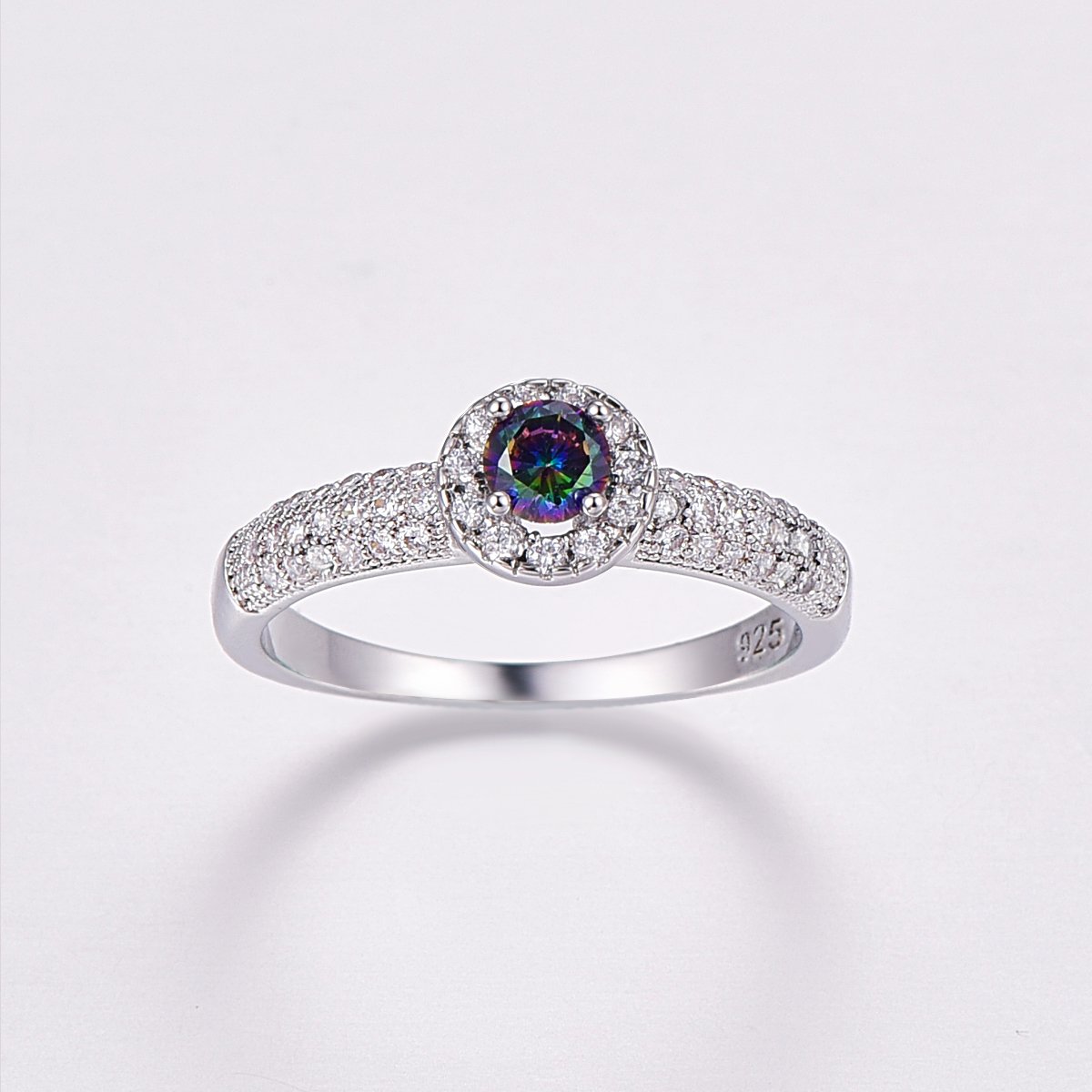 Veunora 925 Sterling Silver Created 4x4mm Rainbow Topaz Filled Bling Halo Engagement Wedding Ring for Women Size 8