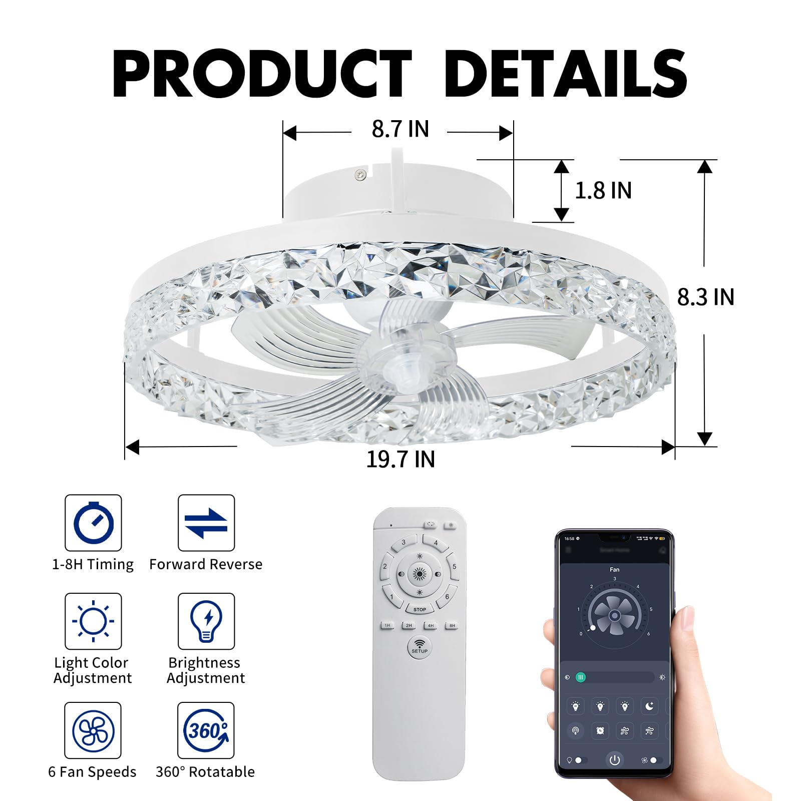 Tivleed Low Profile Ceiling Fan with Lights, 20" Semi Flush LED Fans Light, Remote & Smart APP Control, 360° Rotatable, Modern, 3 Colors Dimmable, for Bedroom Kitchen Living Room, White
