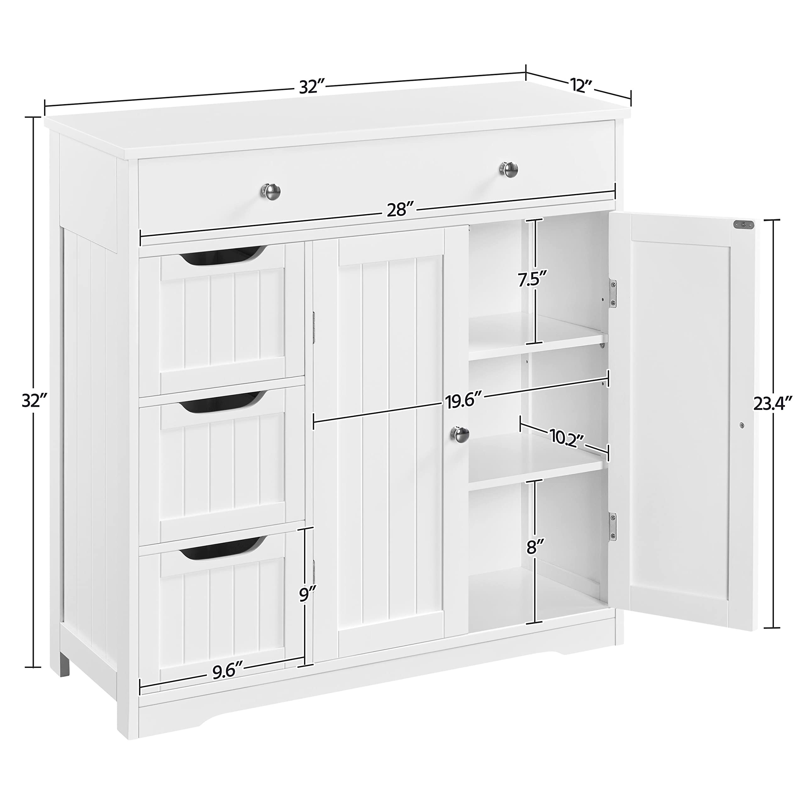 Topeakmart Bathroom Free-Standing Floor Cabinet, Practical Storage Cabinet with 4 Drawers and 2 Doors for Kitchen, Entrance Area, Living Room, Adjustable Shelves, Ample Space White