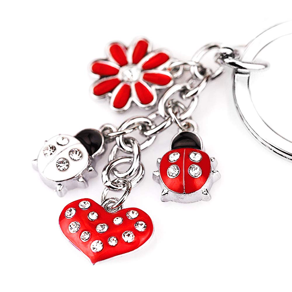 Z395E MONNEL Crystal Red Style Ladybug Heart Lily Charms Key Ring Keychain