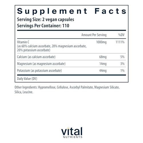 Vital Nutrients Buffered Vitamin C 500mg | Vegan Gentle Vitamin C for Sensitive Individuals* | Immune Support Supplement* | Gluten, Dairy and Soy Free | Non-GMO | 220 Capsules