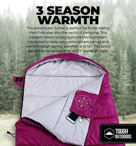 Tough Outdoors Kid Sleeping Bag - Youth Sleeping Bag - Kids Sleeping Bag for Camping - Warm Fall, Spring, Summer Sleeping Bags for Girls Boys - Packable & Compact Sleeping Bag for Teens & Children