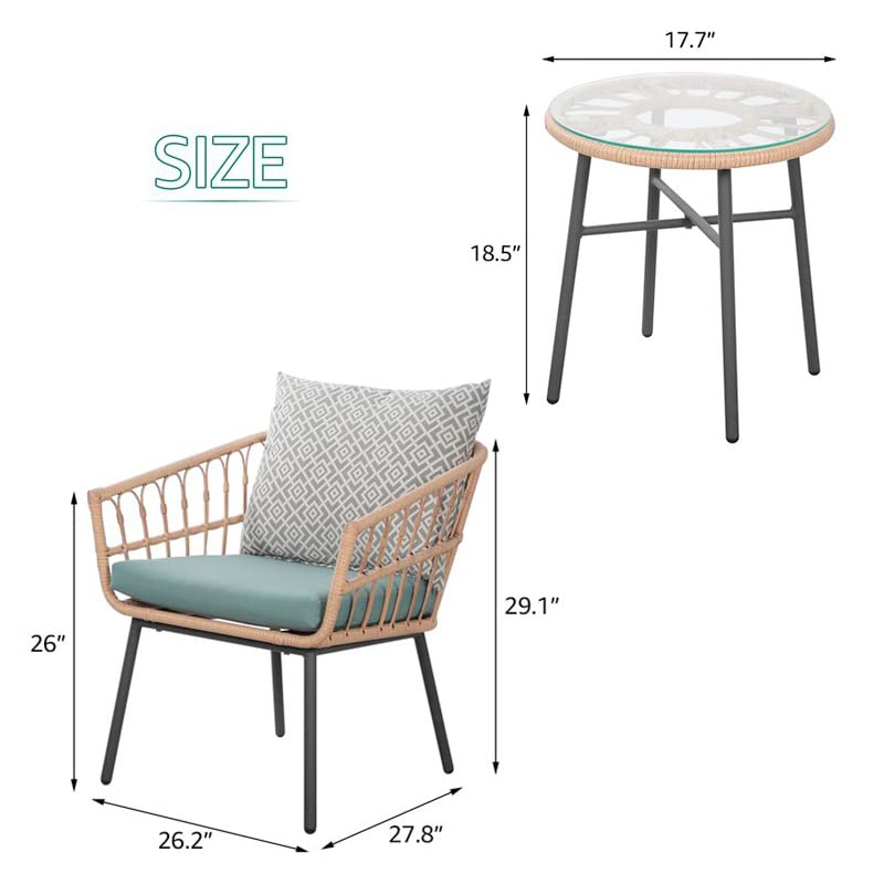 Yangming 3 Piece Patio Furniture Outdoor Conversation Bistro Set with Tempered Coffee Table and Wicker Chairs for Garden Balcony Backyard Yard Poolside (Green)
