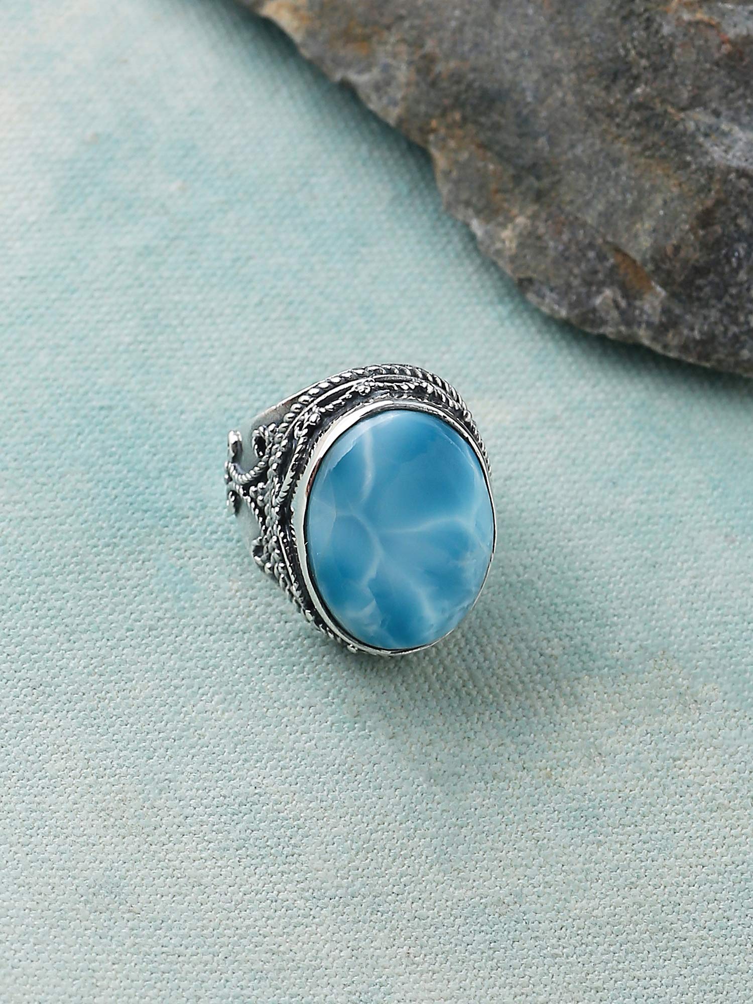 YoTreasure 14x19 MM Larimar Solid 925 Sterling Silver Gemstone Ring