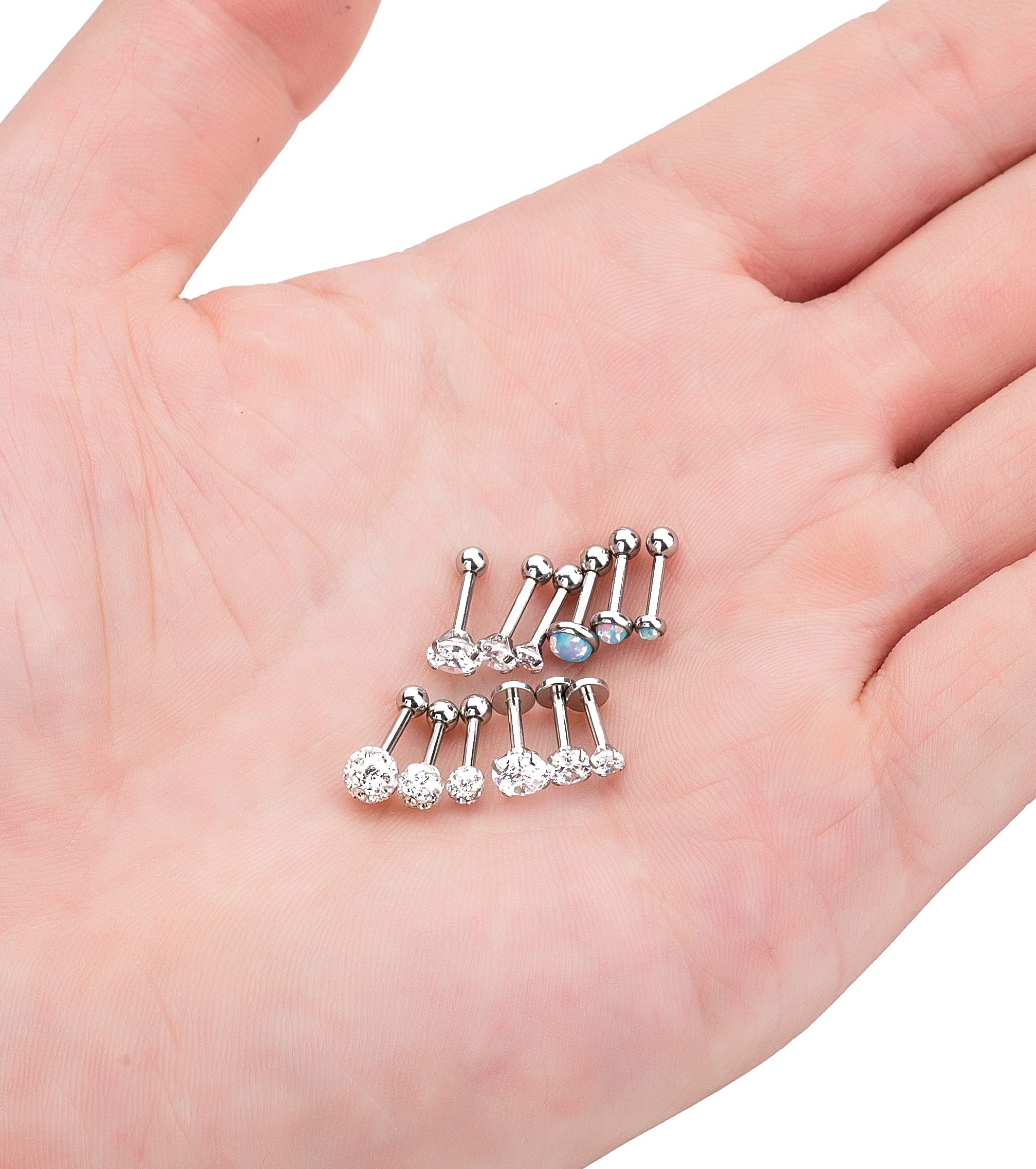 YOVORO 12Pcs 16G 316L Stainless Steel Stud Earrings for Women Cartiliage Earring Tragus Helix Piercing Created-Opal 3/4/5MM