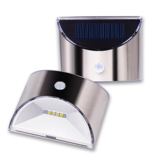 WOAIX Solar Powered 4 LED PIR Motion Sensor Stainless Steel Wall Light for Outdoor Garden Home