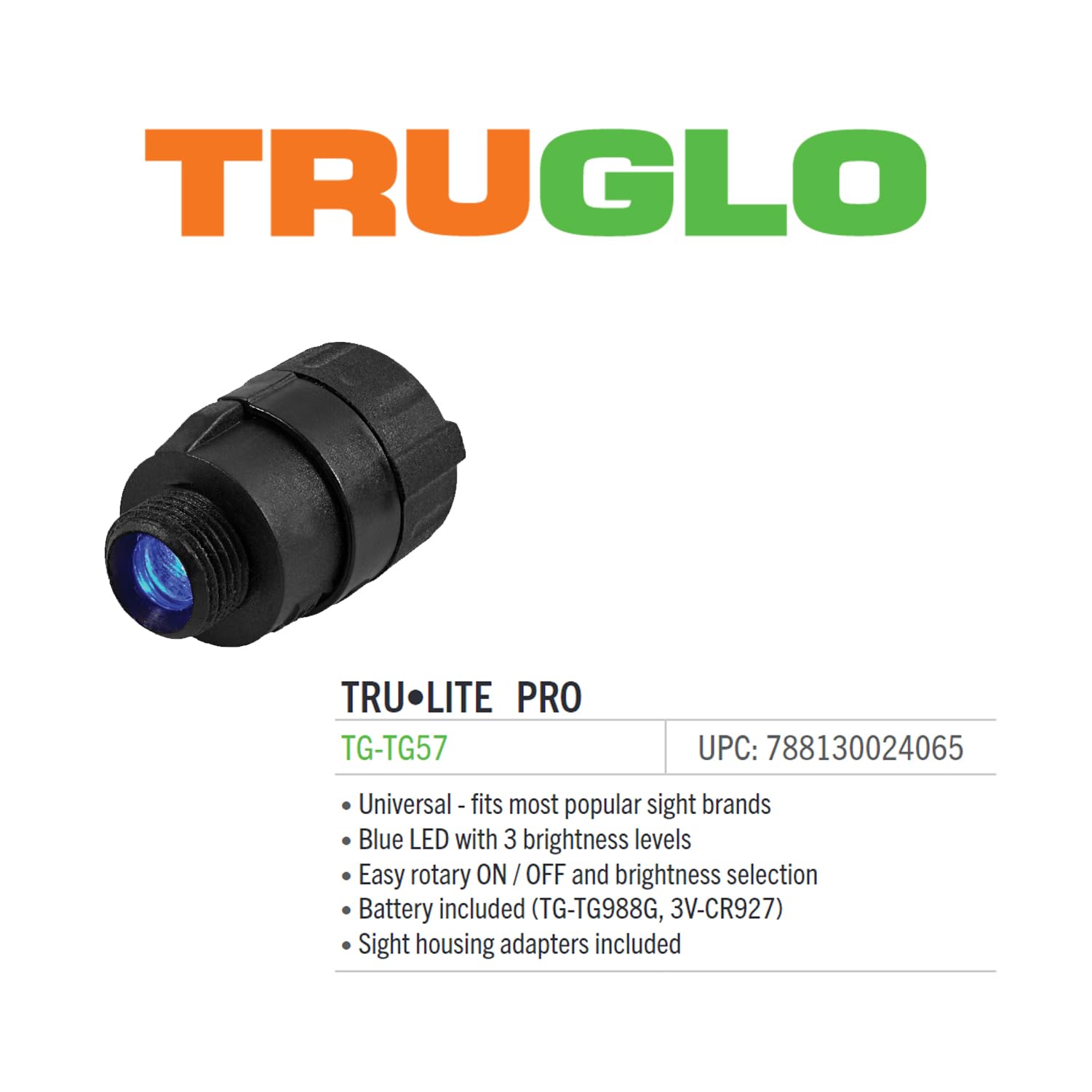 TRUGLO Tru-Lite Pro Durable Versatile Blue LED Sight Light W/3 Adjustable Brightness Levels - Battery & Sight Housing Adapters Included
