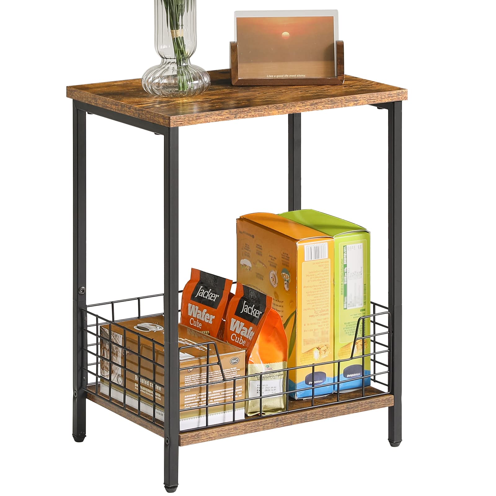 YMYNY 2-Tiers End Table, Side Table with Storage Shelves, Small Nightstand, Industrial Couch Table, for Study, Office, Living Room, Bedroom, Record Player Stand 20.5*15.7*11.4" Rustic Brown UHST001H