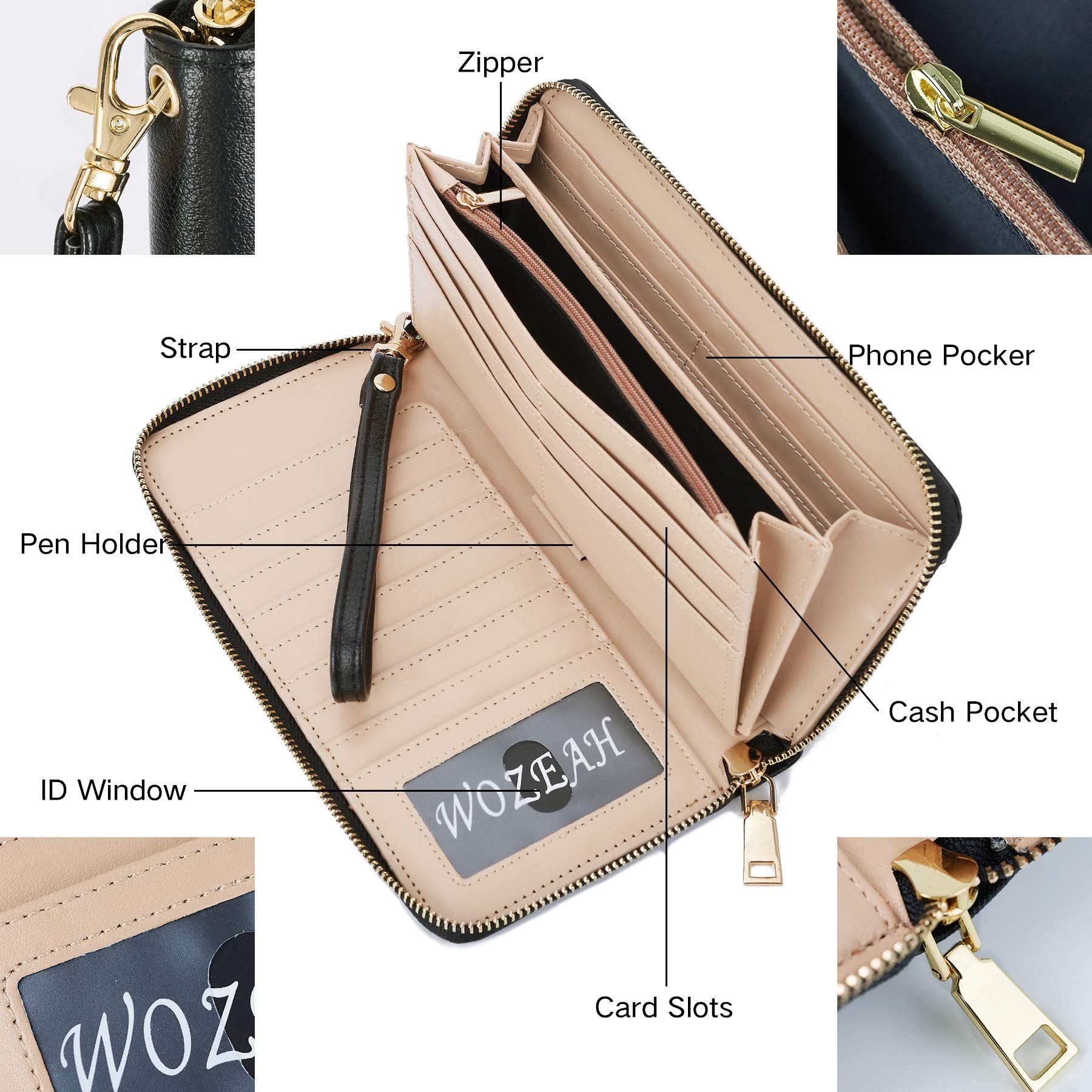 WOZEAH Women's RFID Blocking PU Leather Zip Around Wallet Clutch Large Travel Purse (A blue)
