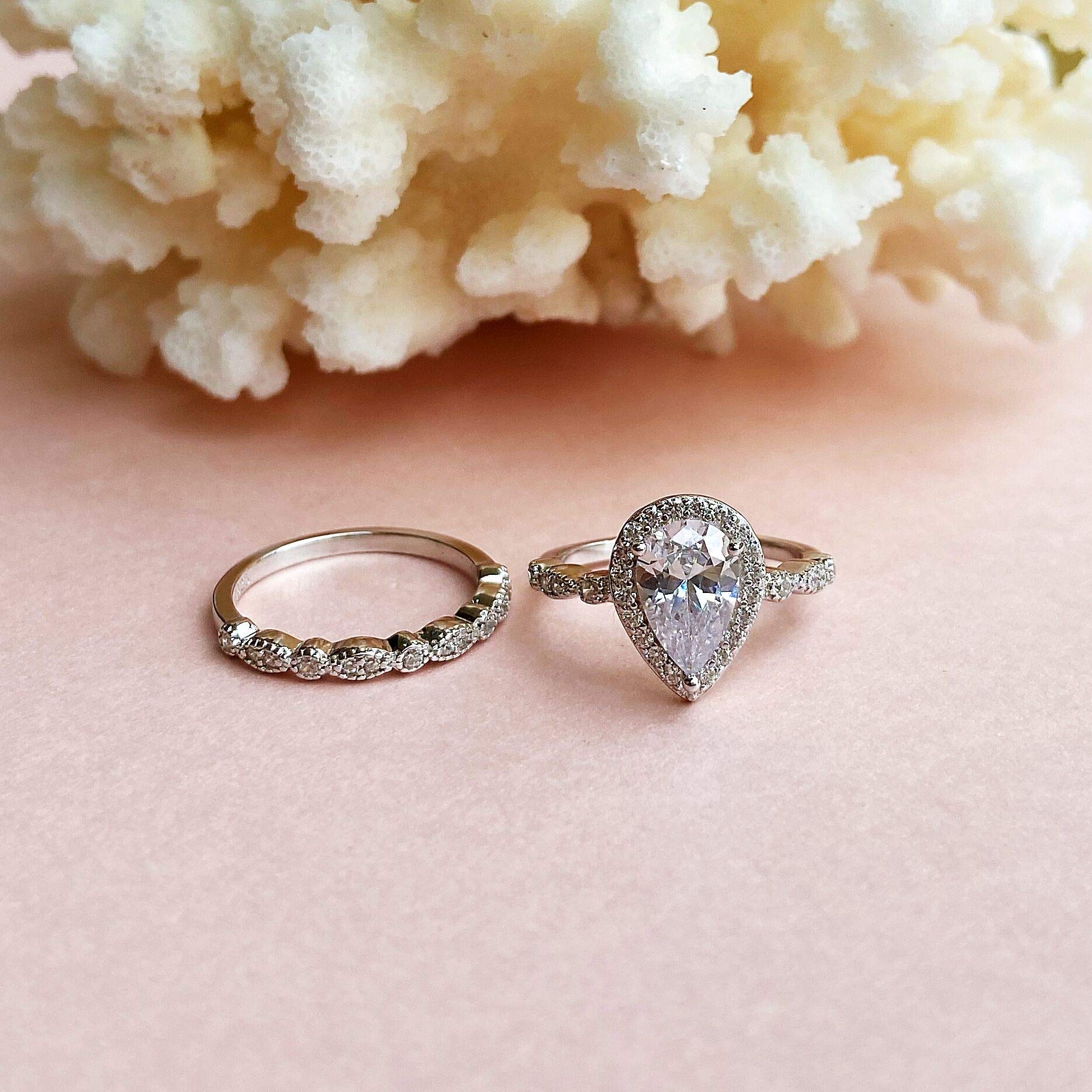Sterling Silver 9x6mm 1.5 Ct Pear Cut Accented Halo Wedding Ring Band Set Milgrain Halo Bridal Ring Set (Silver, 8)