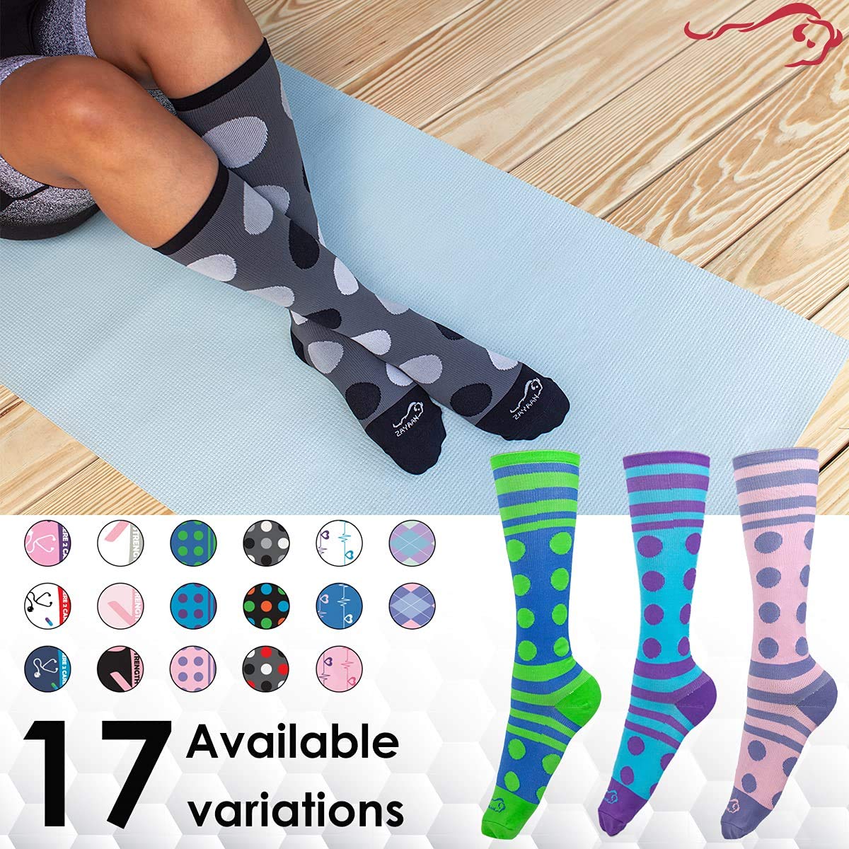 ZAYAAN HEALTH Dots & Stripes Compression Socks for Women (12-15 mm/Hg) | Circulation Socks for Muscle Recovery, Nurses, Running, Athletics, Cycling β Pink/Lilac