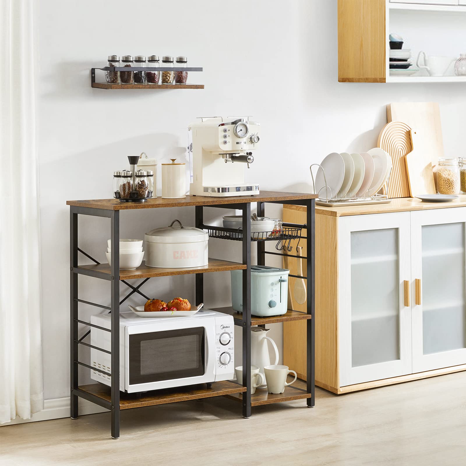 YMYNY Baker’s Rack, Coffee Bar Table Station, Microwave Oven Stand, Multifunctional Kitchen Organizer Workstation, Utility Storage Shelf Rack with 6 S-Hooks, Rustic Brown, 35.4*33.1*15.75 " UHTMJ021H