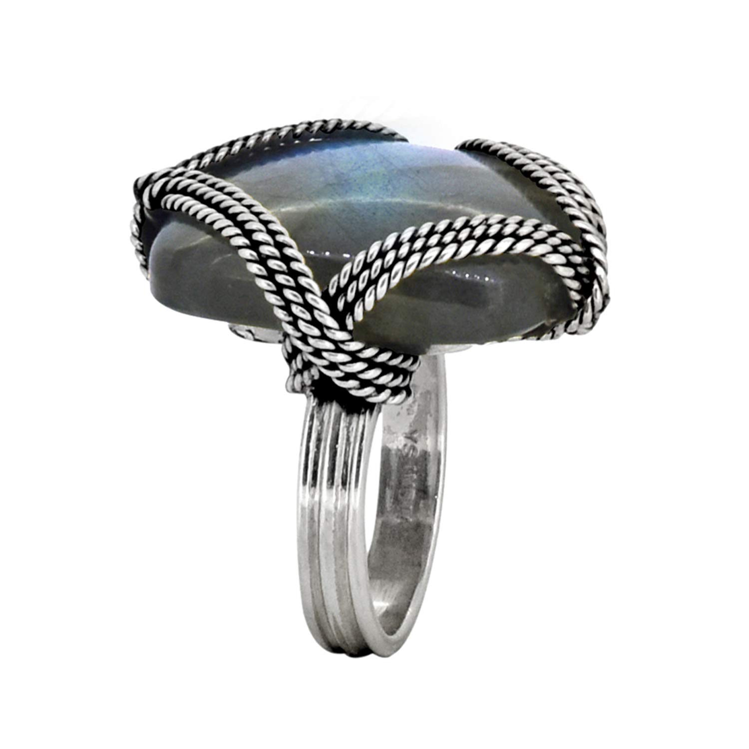 YoTreasure Natural Labradorite Solid 925 Sterling Silver Twisted Wire Wrap Antique Ring