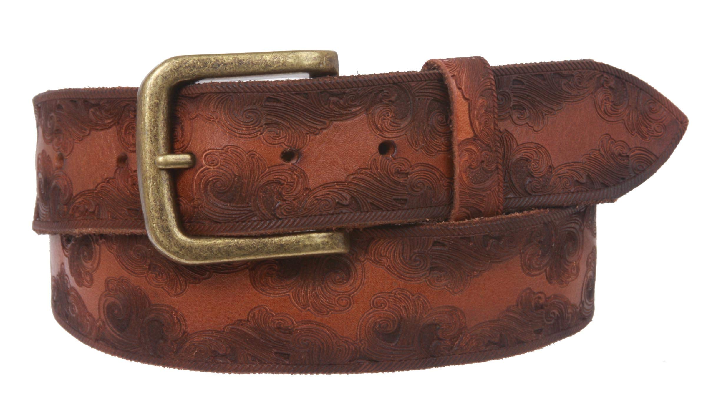 Snap On Soft Hand Floral Embossed Vintage Cowhide Full Grain Leather Casual Belt, Tan | 34