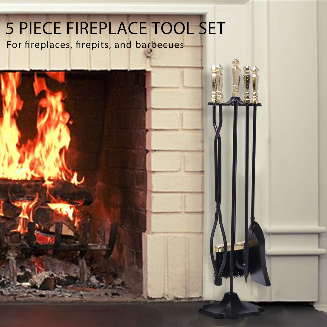 VIVOHOME Rustic Wrought Iron 5 Pieces Fireplace Tool Set with Poker Tongs Broom Shovel Stand and Brass Handle