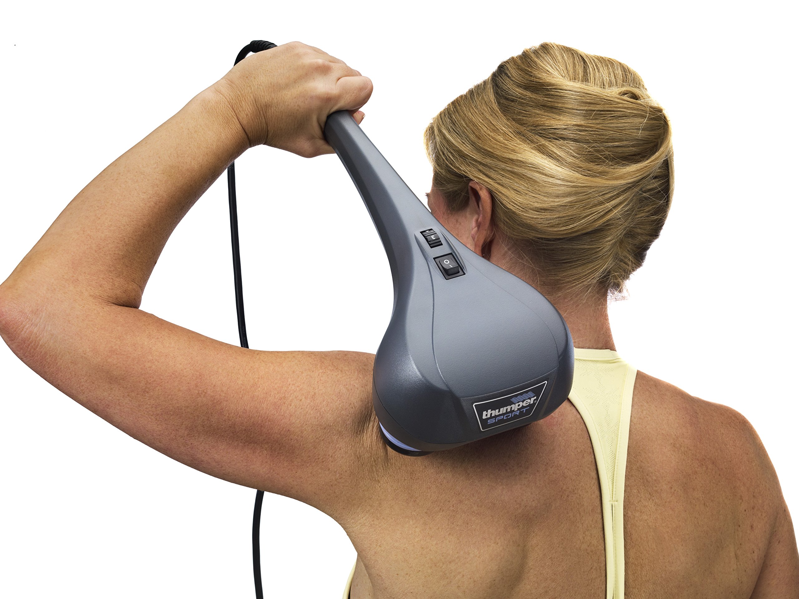 Thumper Sport Percussive Massager - Deep tissue home use massager for muscles, back, shoulders, legs, arms. Portable percussive therapy action electric handheld massager with long handle
