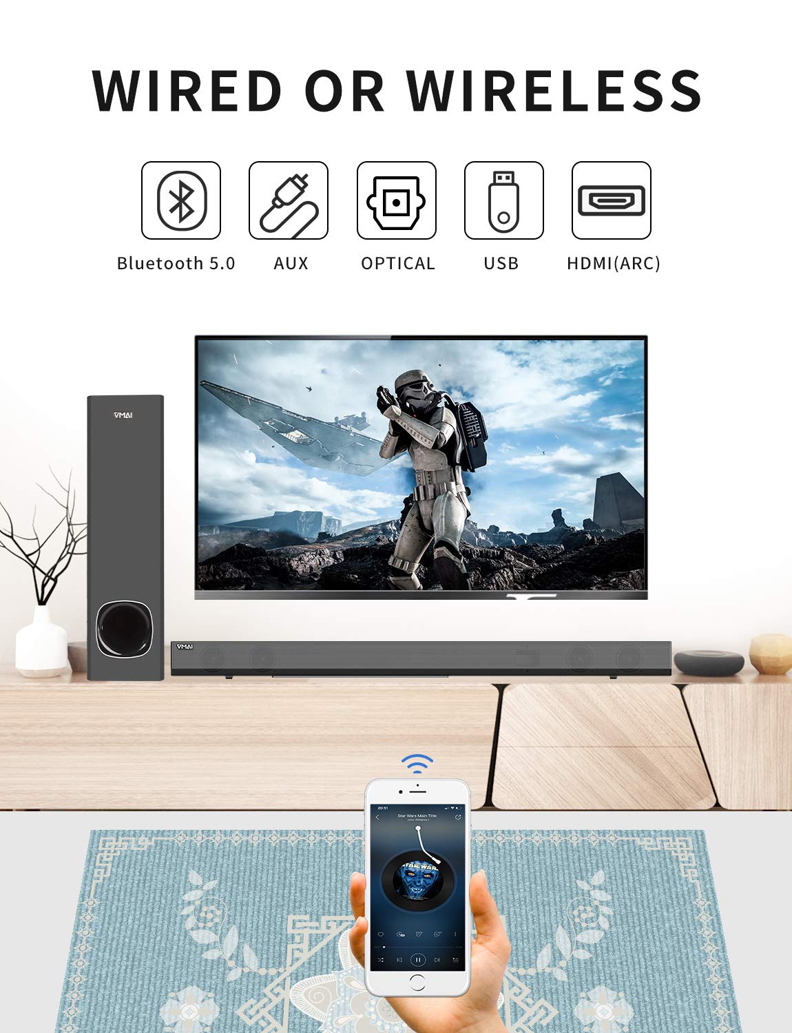 VMAI 2.1 Sound Bar with Subwoofer, 120W, Bluetooth 5.0, HDMI/Optical/Auxiliary/USB, Jet Black, 34 Inch, Wall Mountable, Bass Adjustable Surround Sound for Home Theater
