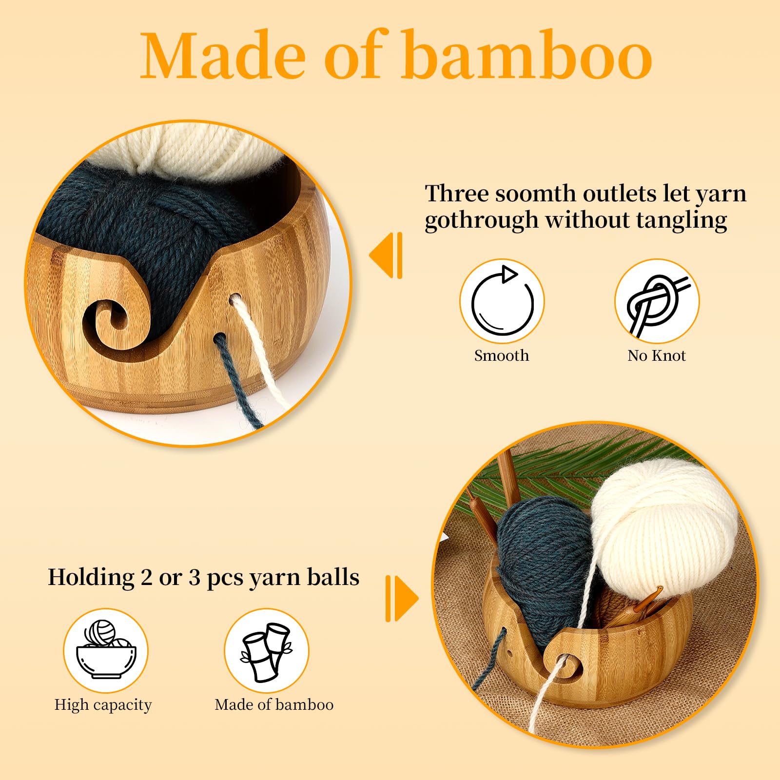 Yarn Bowl Holder, Wooden Craft Knitting Bowl for Crochet with 8pcs Metal Hooks, 6.7"Crochet Storage Organizer Knitting Accessories (bamboo)
