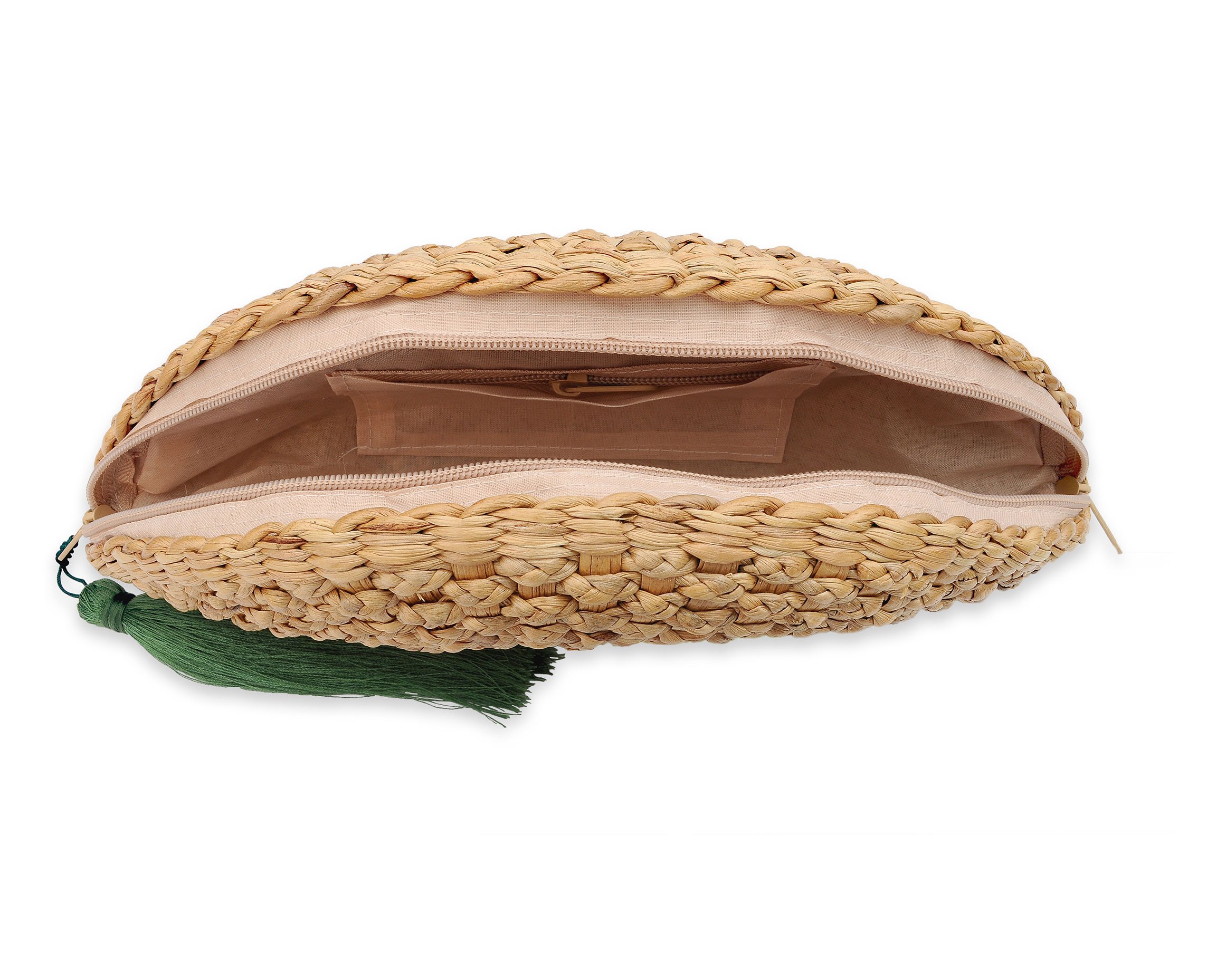 Vintage Handmade Knit Bamboo Rattan Straw Clutch Bag/Handbag With Green Tassels Drop