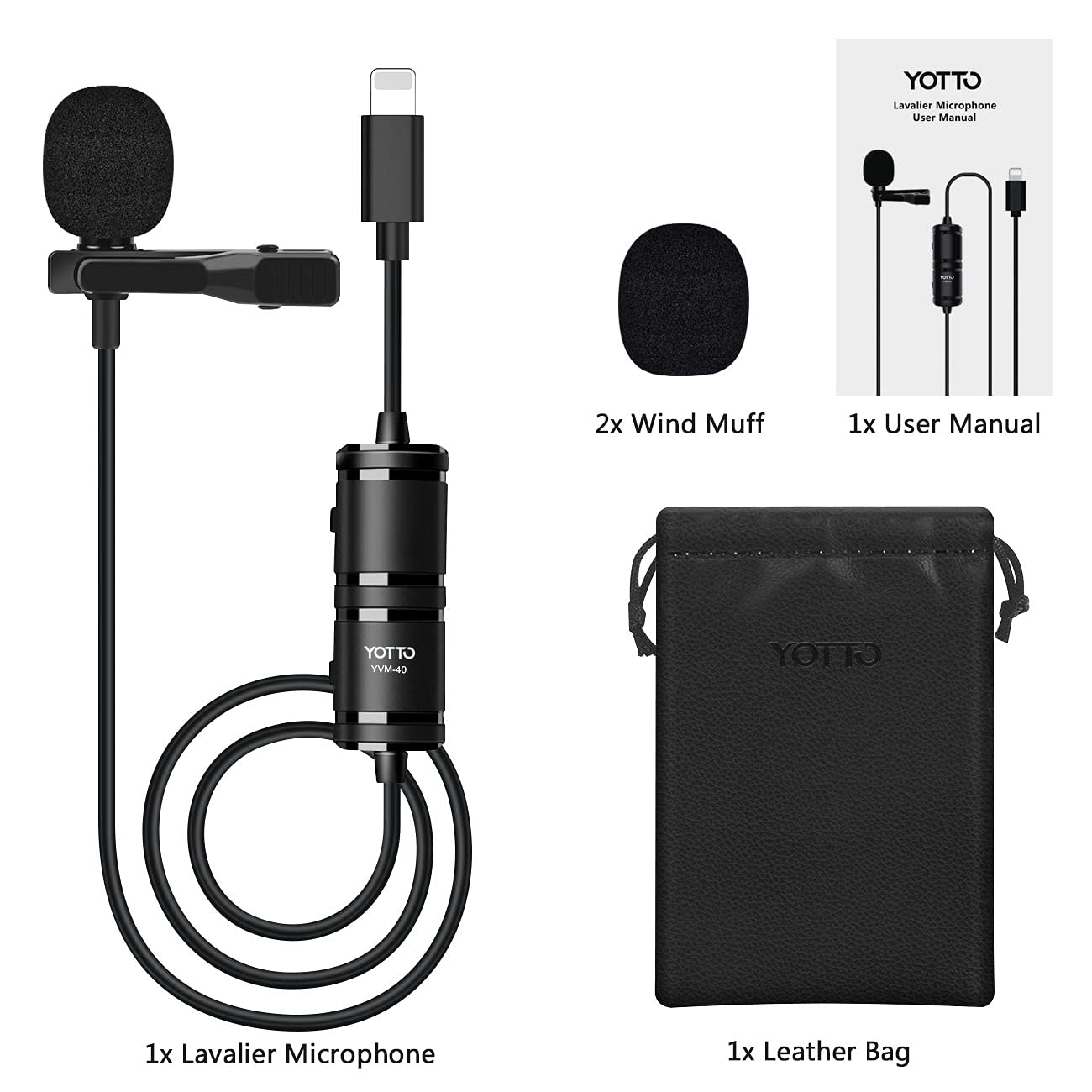 YOTTO Lavalier Microphone Professional Omnidirectional Condenser Lapel Mic Recording Mic Compatible with iPhone, iPad for YouTube, Interview, Video (6.5m/ 19.5ft Cable) with Leather Bag