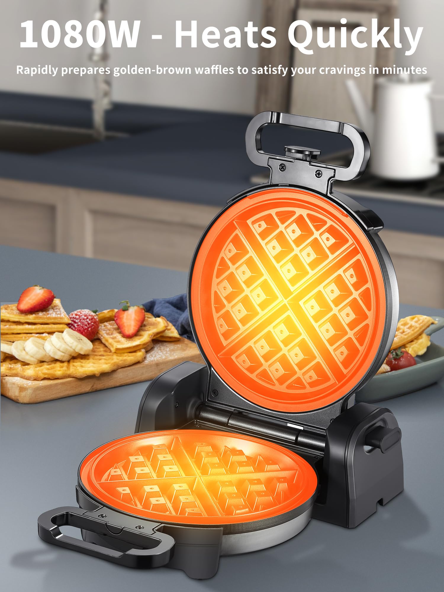 Waffle Maker, Yabano Belgian Waffle Iron with 180°Rotating Design, Non-Stick Plate, Cool Touch Handle, 1080W Fast Heating Waffle Machine for Breakfast, Snacks