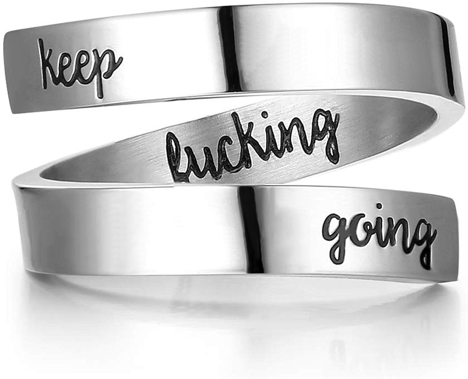 XOYOYZU Inspirational Rings for Women Adjustable Statement Stainless Steel Spiral Wrap Twist Ring Encouragement Personalized Jewelry Birthday Gifts (Keep Going)