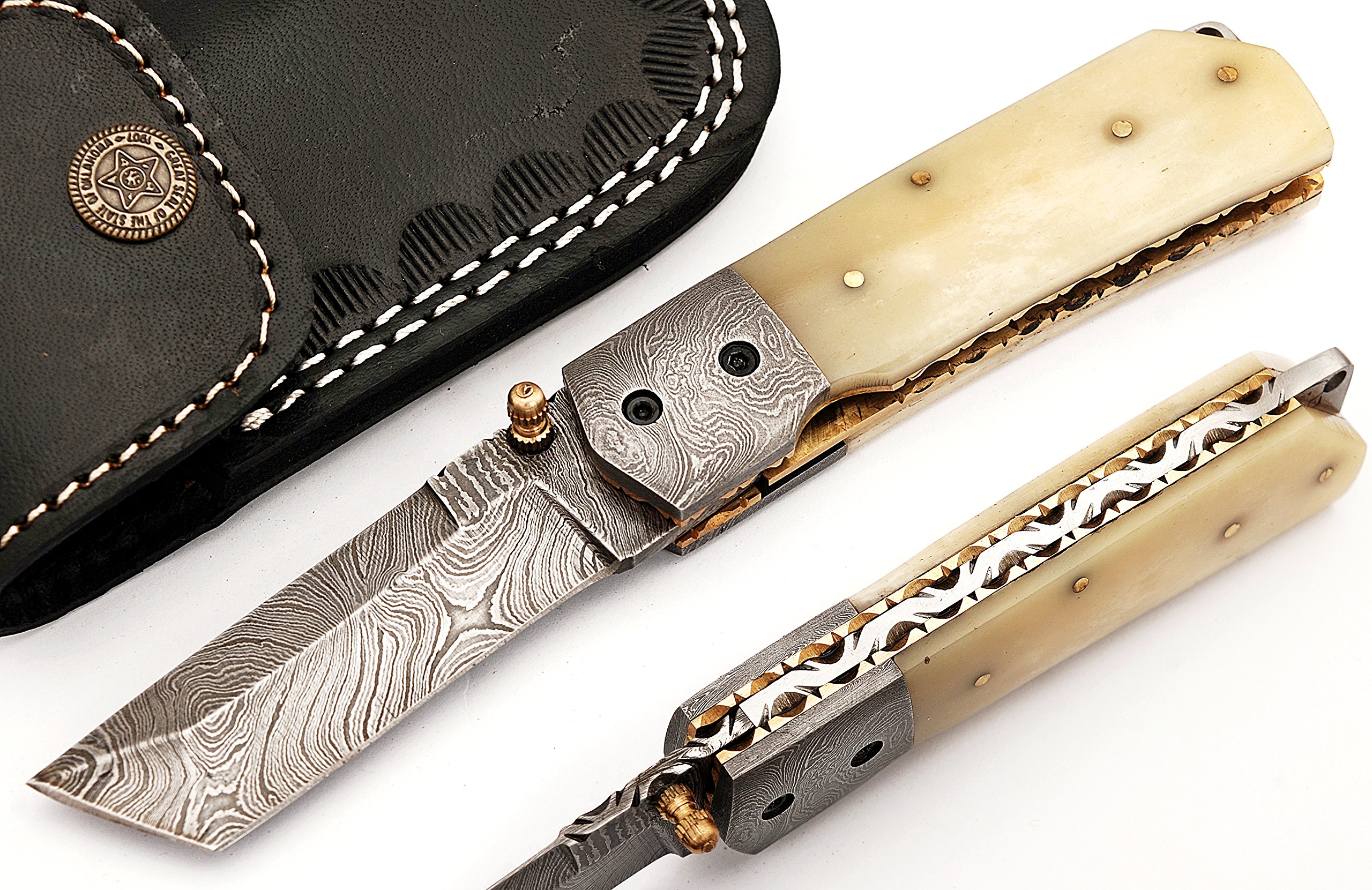 WT-5125-B Custom Hand Made Damascus Steel Blade Gorgeous Folding Hunting Knife, Liner Lock with Leather Pouch.
