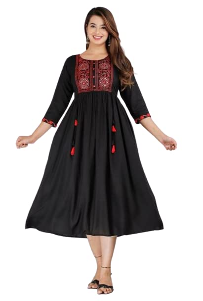 Women's Rayon Embroidery Calf Length Anarkali kurti (Black, X-Large)