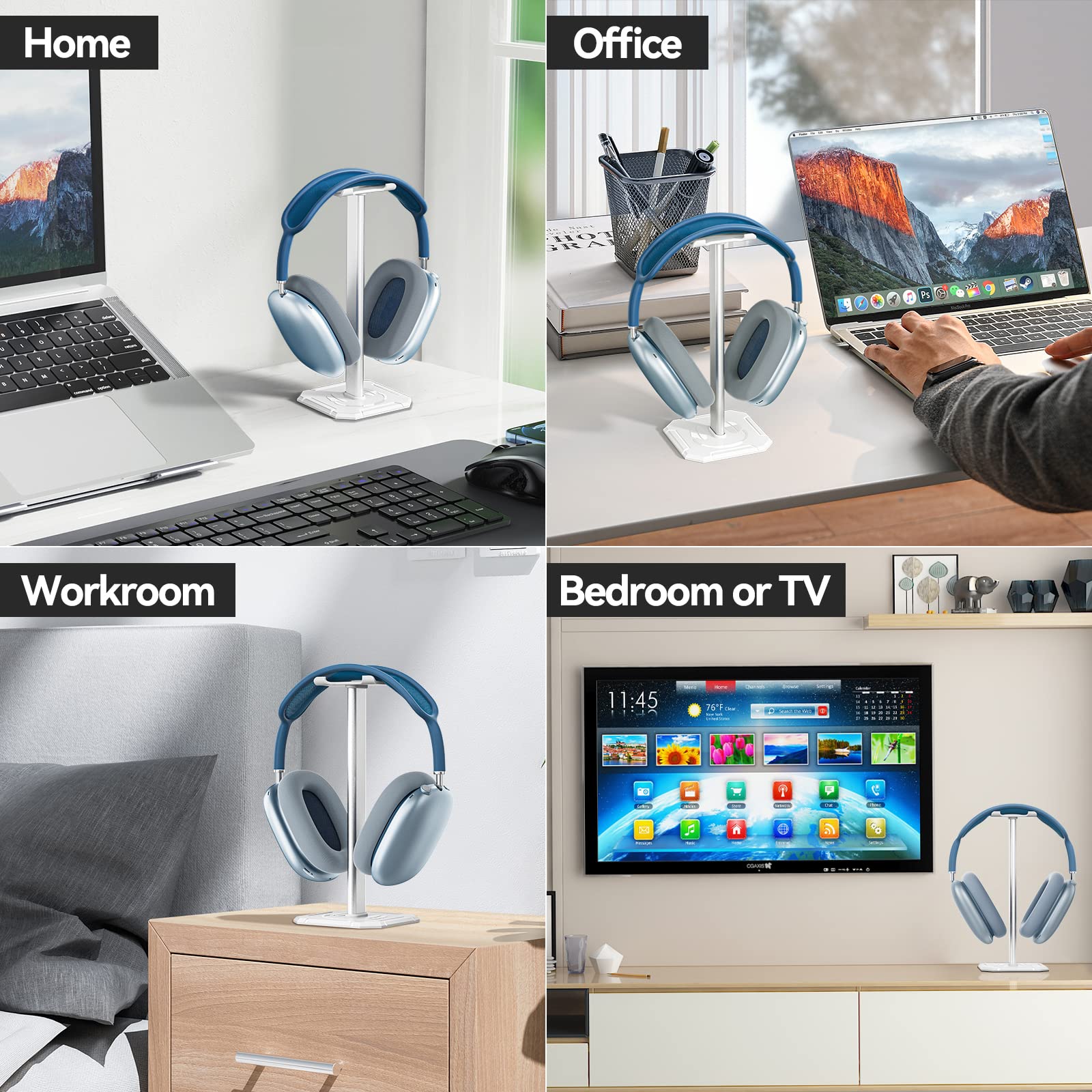 TuparGo Headphone Stand for Desk, Standing Computer Headset Holder,Aluminum Tube Connection and Easy to Assemble ,Suitable for All Over-Ear Headphone (White, 2-Pack)
