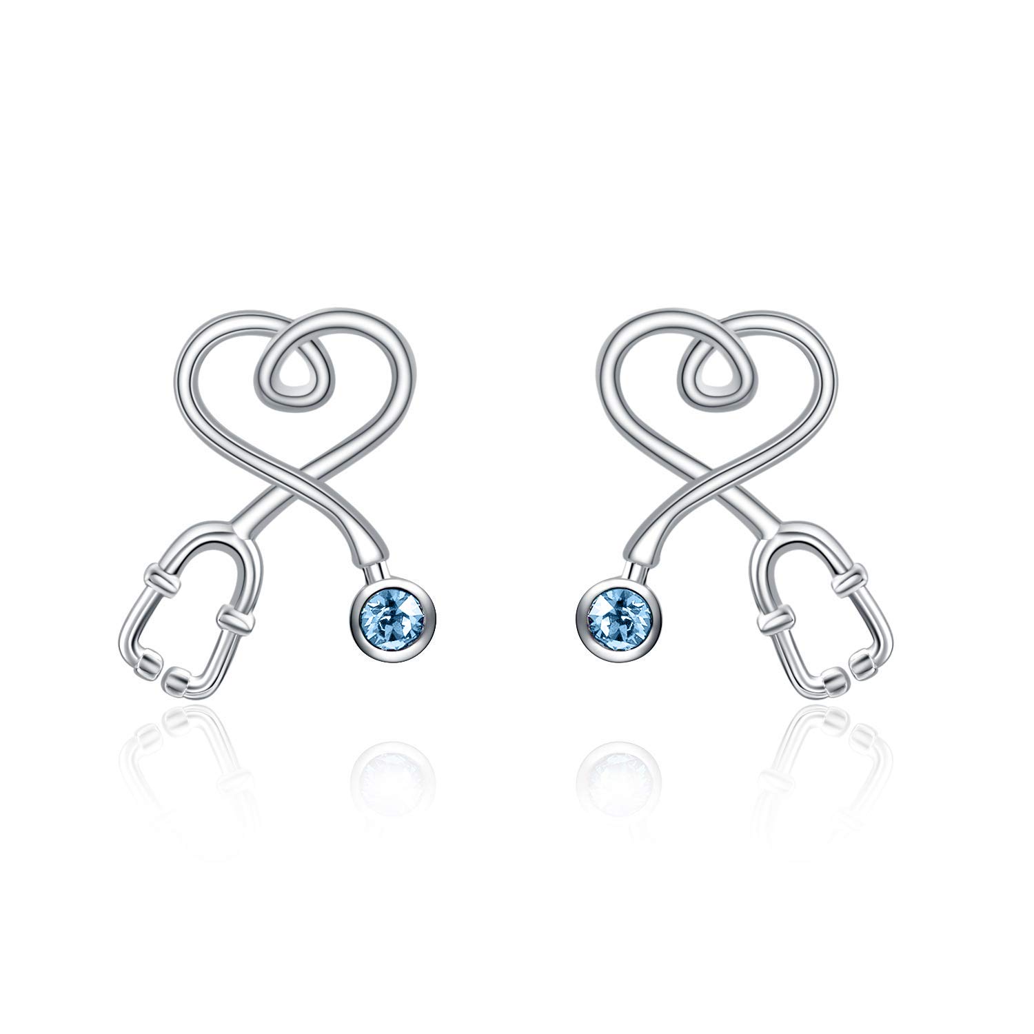 Stethoscope Earrings 925 Sterling Silver Heart Studs Earrings 12 Months Birthstone Crystals from Austria, Graduation Jewelry Gifts for Nurse Doctor RN Medical Student