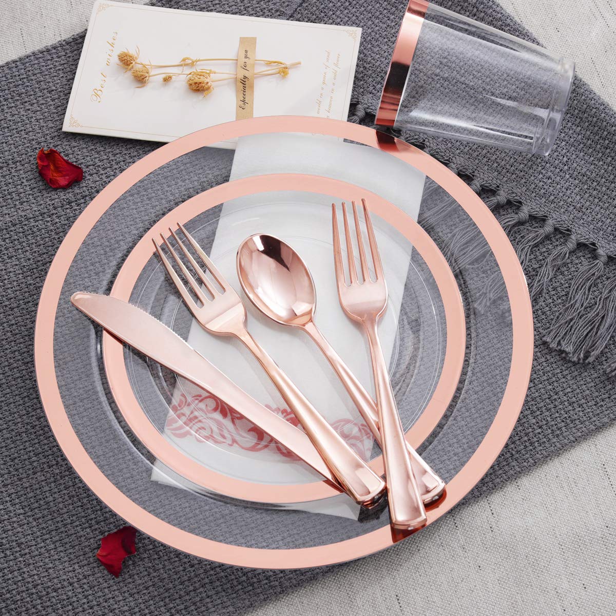 YOUBET 175Pieces Clear Plastic Plates with Rose Gold Rim&Rose Gold Plastic Silverware include 25Dinner Plates,25Salad Plates,25Forks, 25Knives,25Spoons, 25Cups,25Napkins