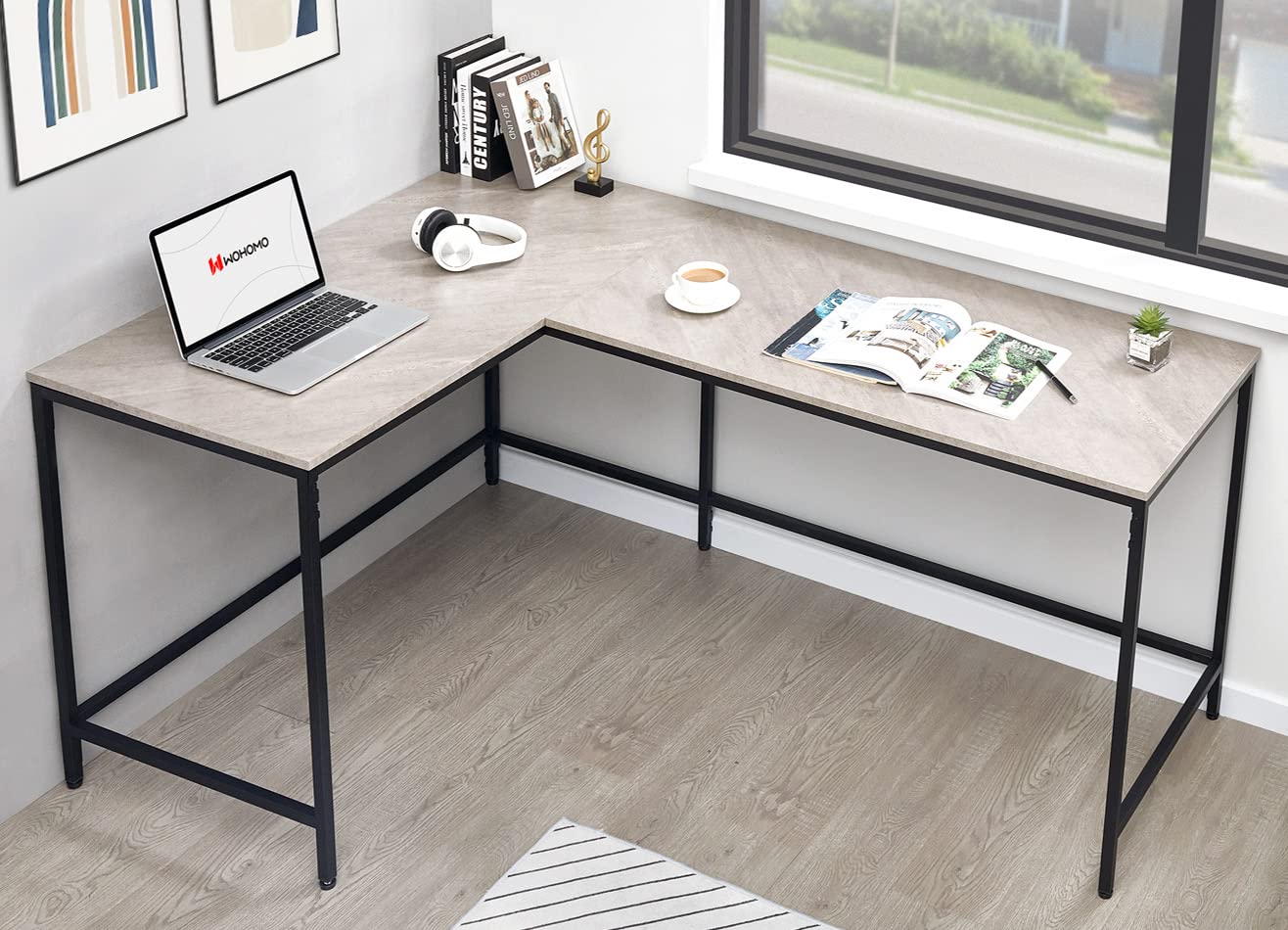 WOHOMO L Shaped Home Office Desk, Quick Lock Large Computer Corner Desk for Home Office Modern Simple Study Writing Table Desk Easy Assembly, Gray Marble