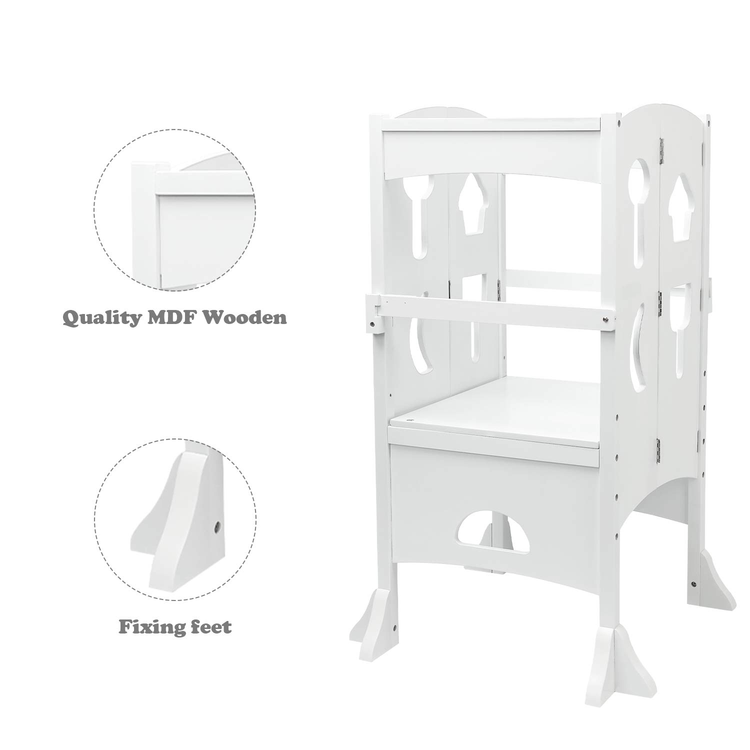 YOUNIS Wooden Kitchen Step Stool for Kids, Toddlers Collapsible Tower for Kids Folding Stool, No-Slip Design Kitchen Safety Cooking Standing Stool for Children - White