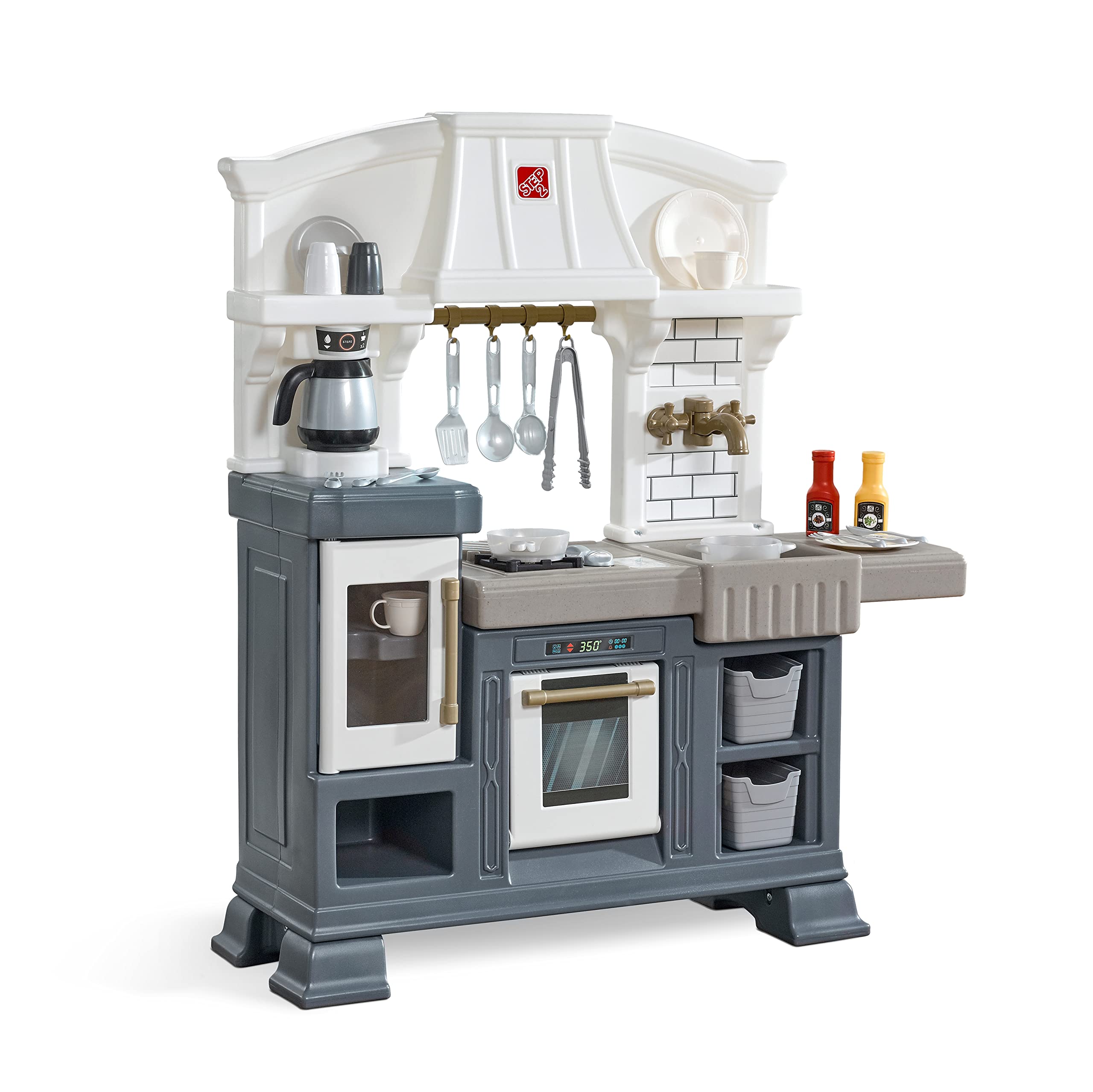 Step2 Gilded Gourmet Kitchen Playset for Kids, Indoor/Outdoor Play Kitchen Set, Toddlers 2+ Years Old, 20+ Piece Kitchen Toy Set, Easy to Assemble, White, Blue, Gray