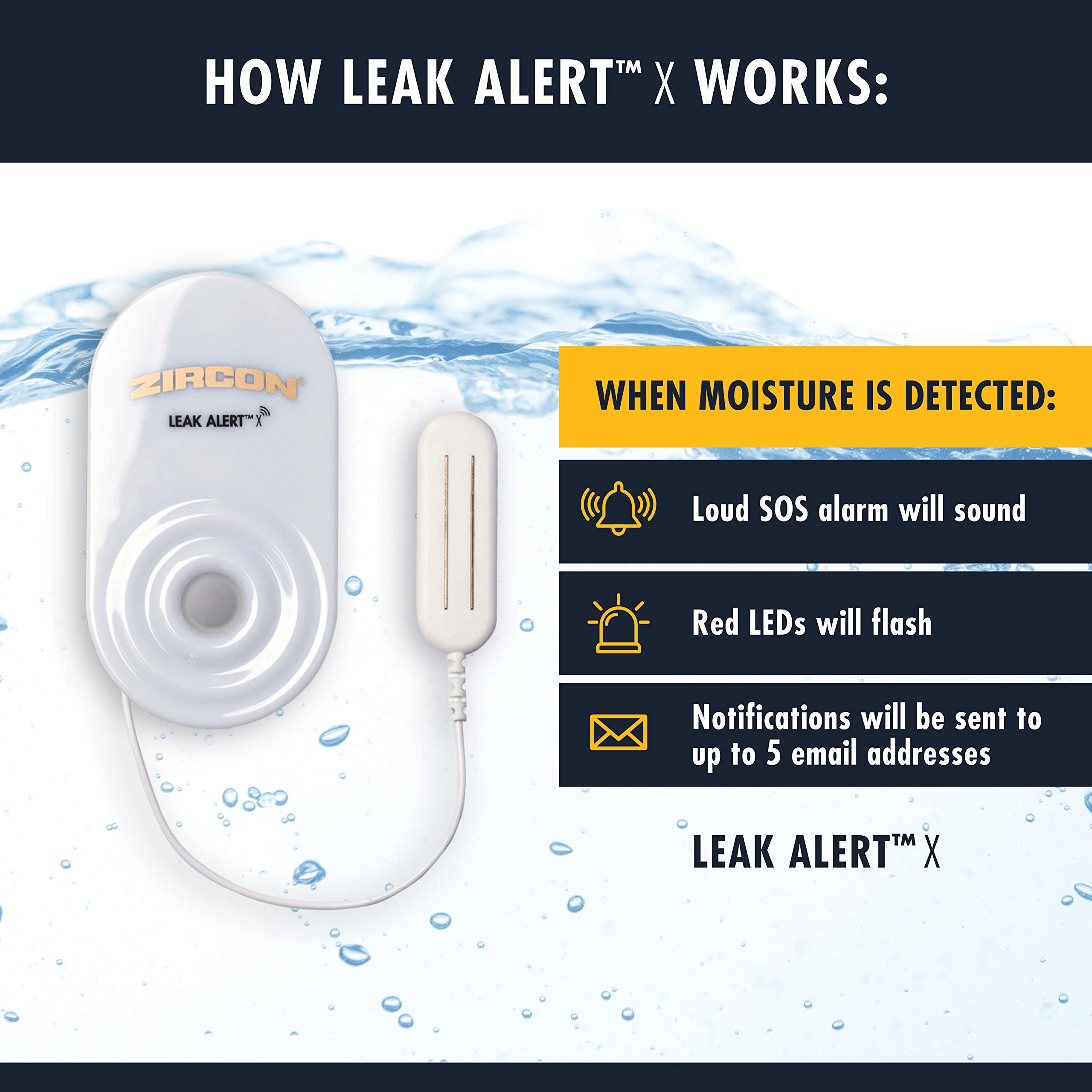 Zircon Leak Alert x – Smart Electronic Water Detector with 9.8' Cable – Email, Audio, & Visual alerts, Battery Included (70745)