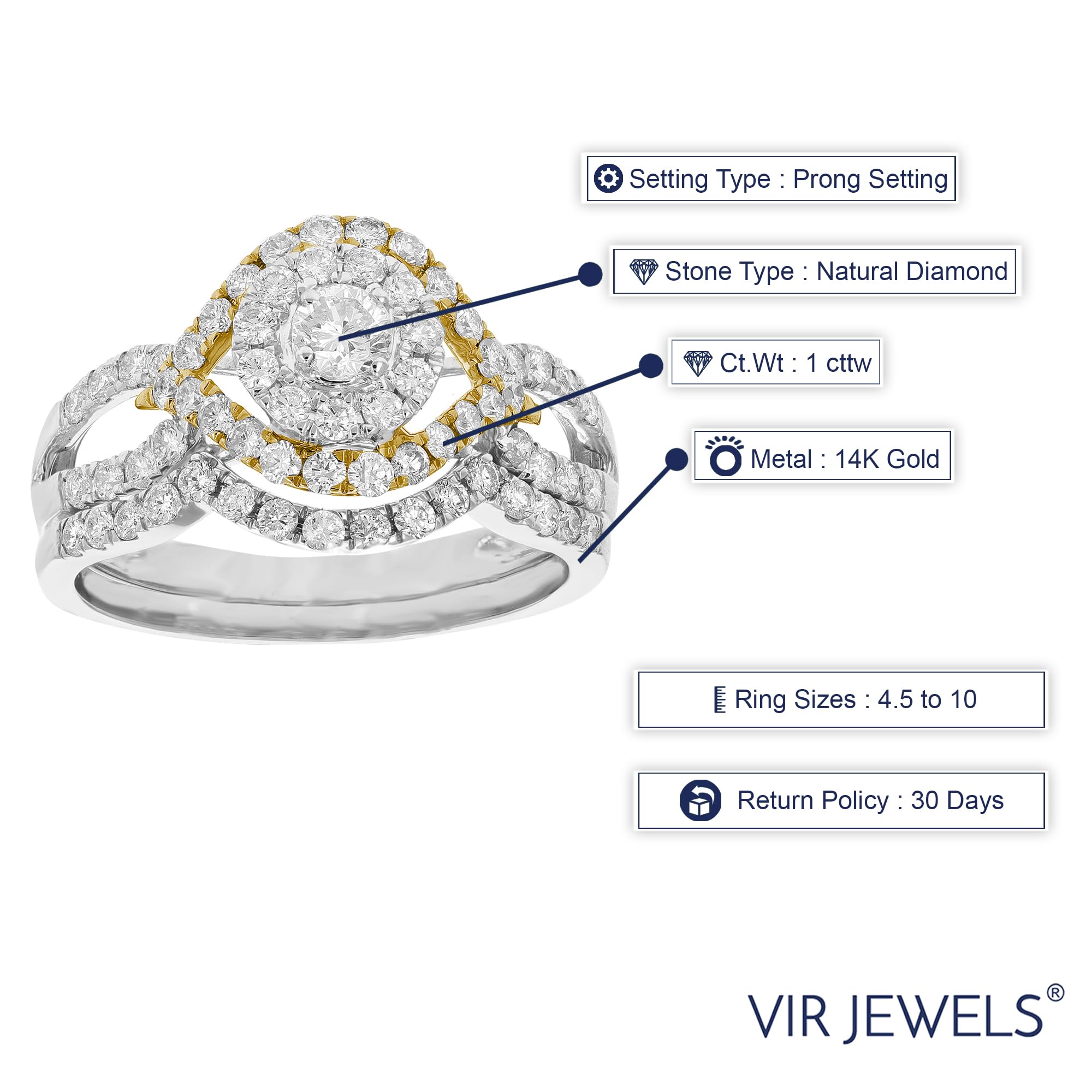 Vir Jewels 1 cttw Diamond Wedding Engagement Ring Set 14K Yellow Gold Halo Bridal Size 7