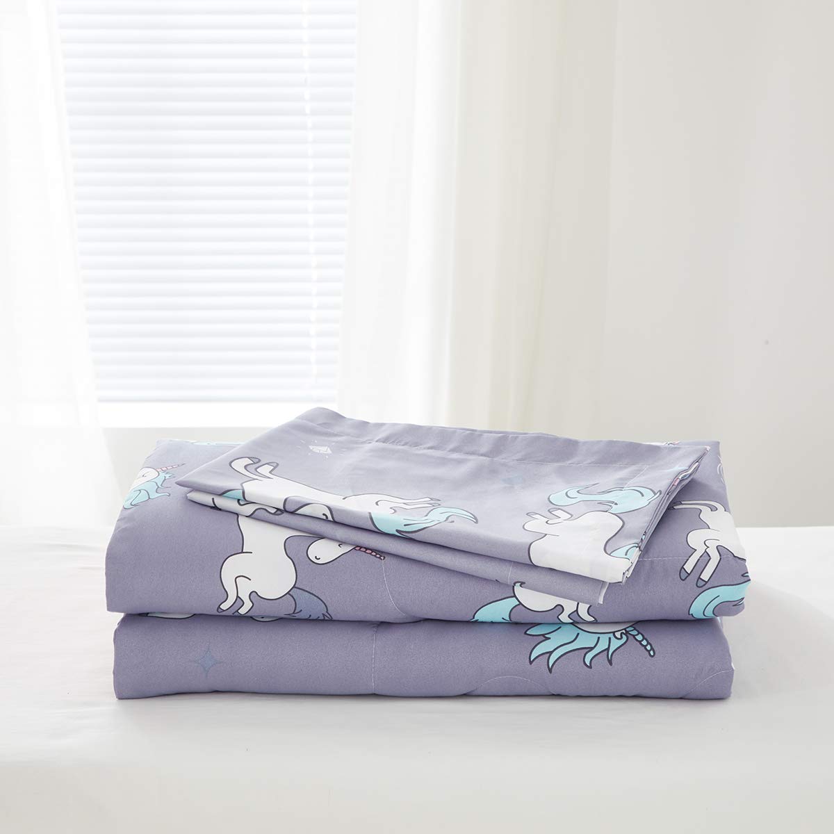 UOZZI BEDDING Unicorn 4 Piece Toddler Bedding Set with Rainbow Stars Blue-Gray - Includes Adorable Quilted Comforter, Fitted Sheet, Top Sheet, and Pillow Case for Girls Boys Bed